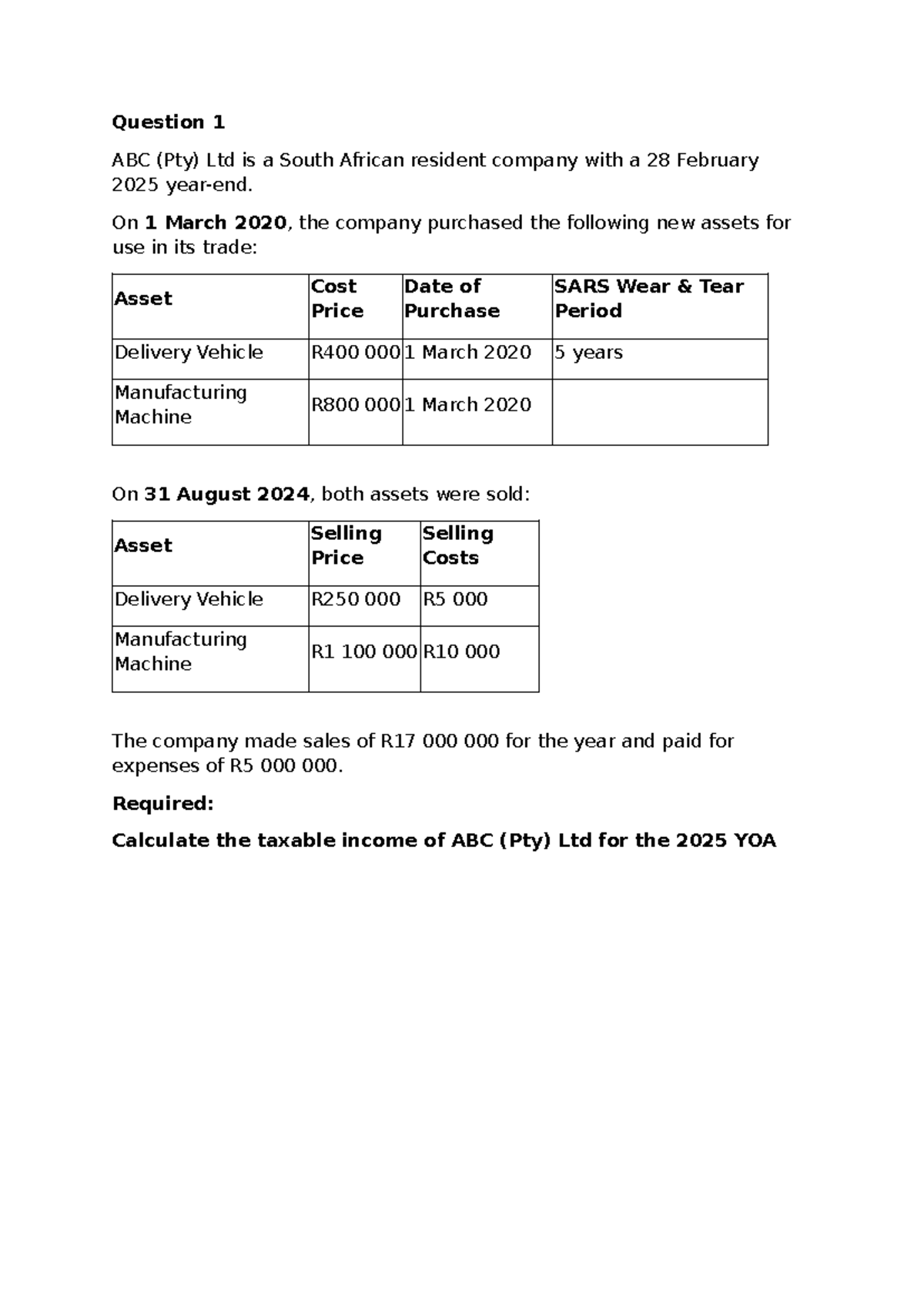 Taxable Income Calculation for ABC (Pty) Ltd - 2025 YOA - Studocu