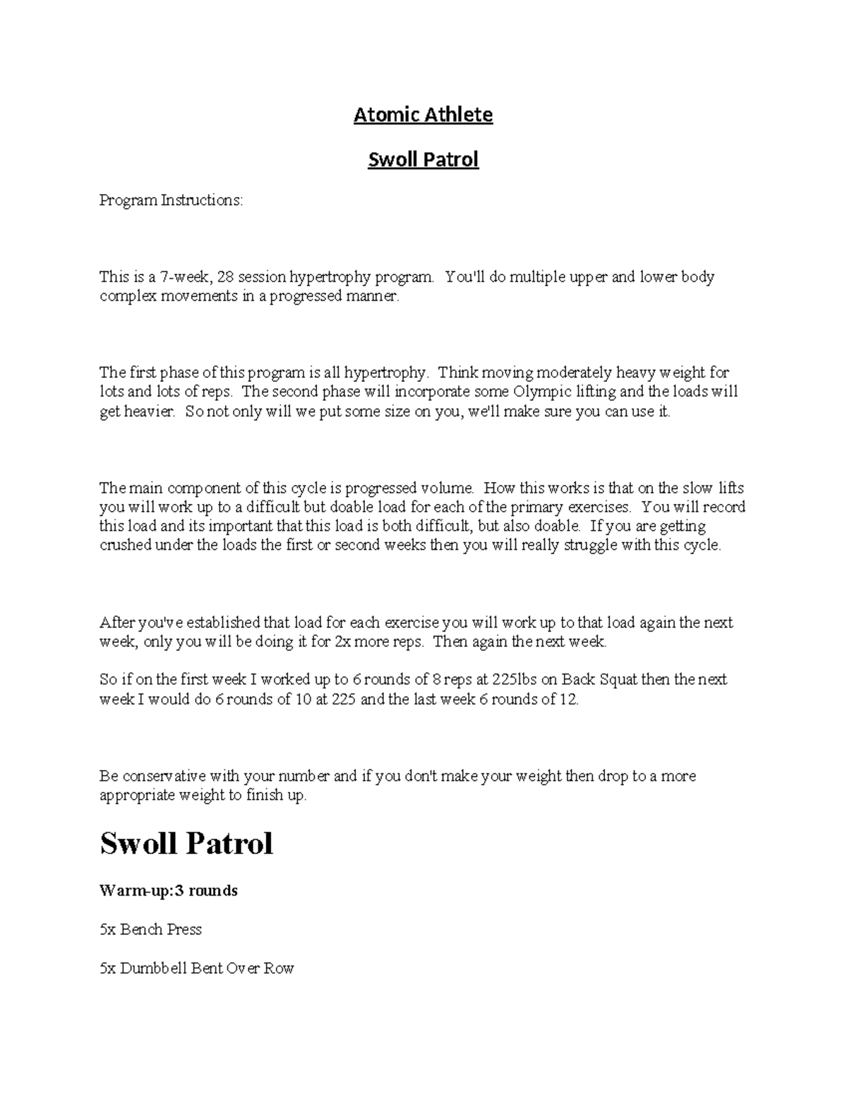 Atomic Athlete Swoll Patrol Program: 28-Session Hypertrophy Guide - Studocu