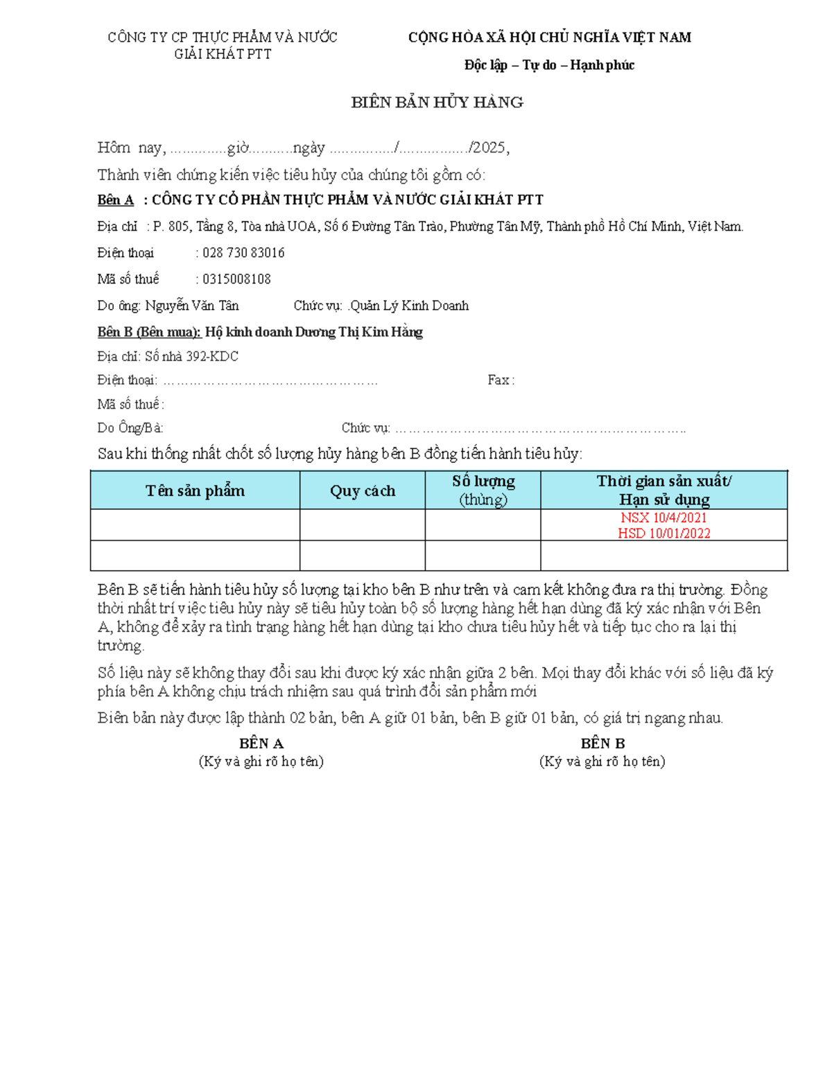 Mẫu Biên Bản Hủy Hàng (V1) - CÔNG TY CP THỰC PHẨM PTT - Studocu