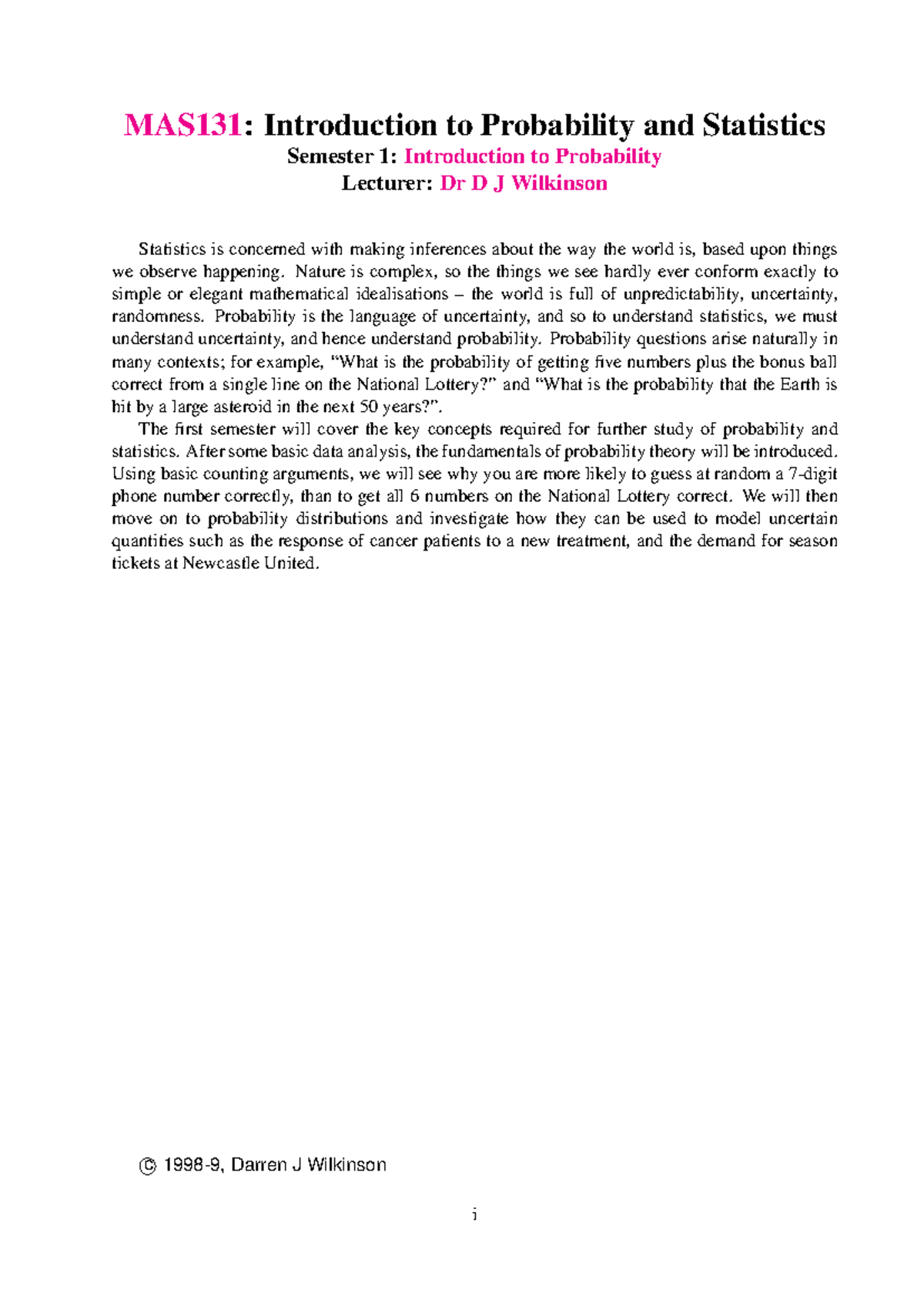 MAS131: Intro to Probability & Statistics - Semester 1 Overview - Studocu