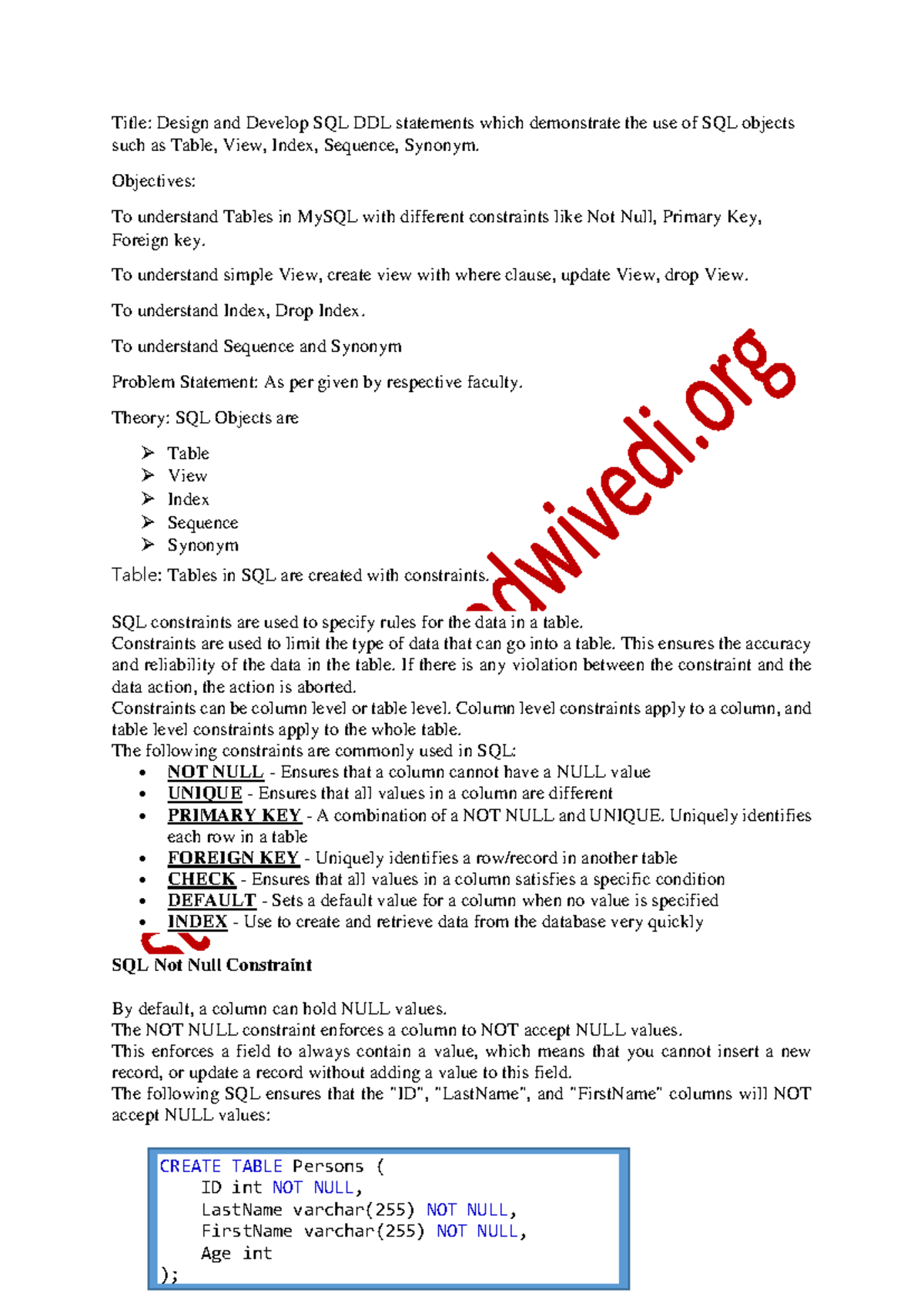 DBMS ASSIGNMENT 2 - SQL DDL Statements for Database Objects - Studocu