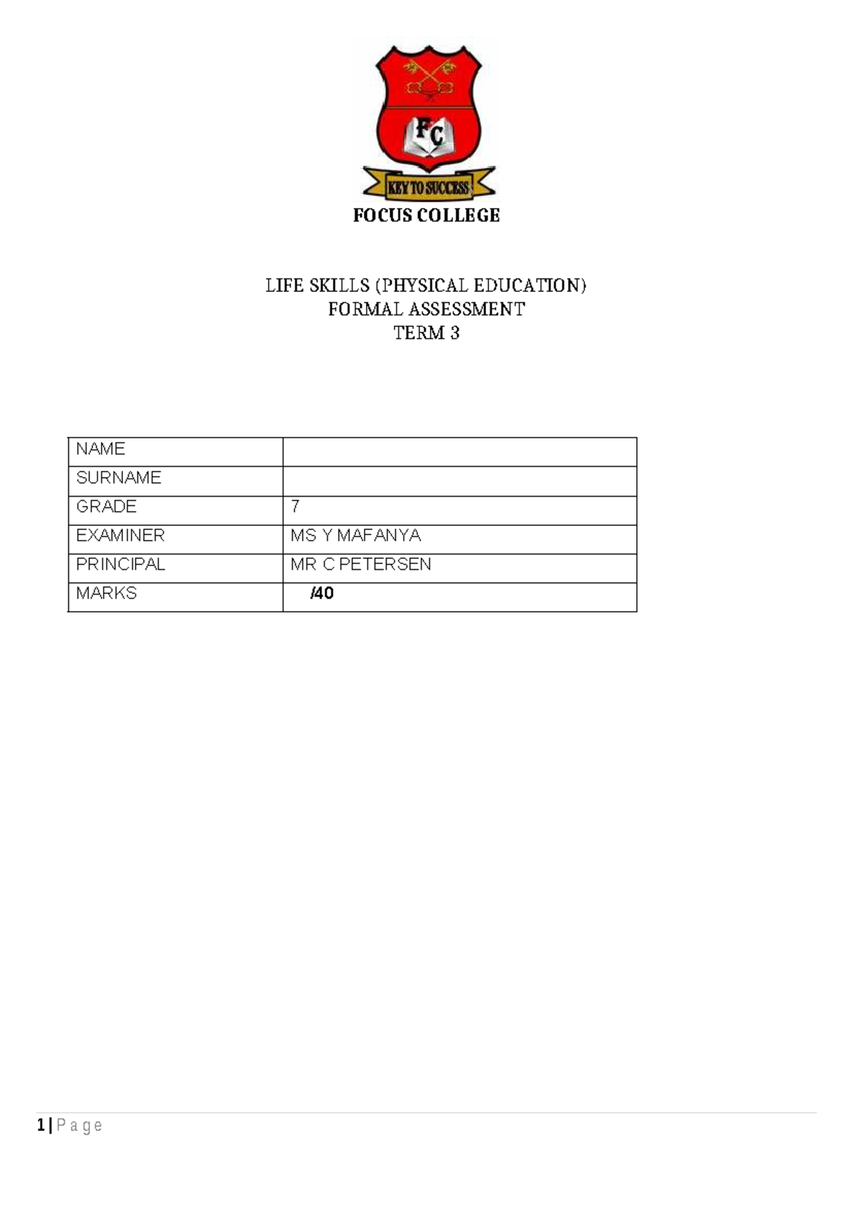 PE Formal Assessment Grade 7 Term 3: Life Skills & Movement Performance ...