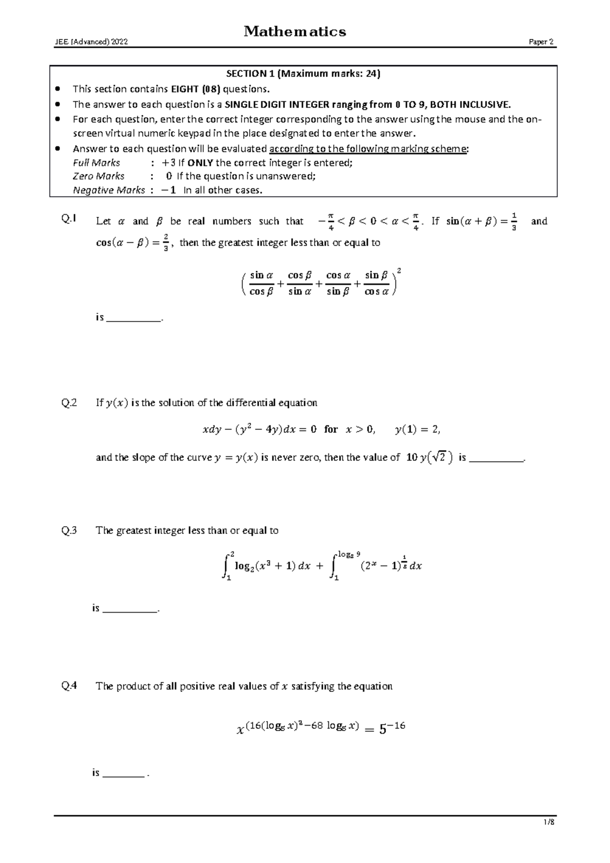 JEE (Advanced) 2022 Paper 2 Mathematics Section 1 Questions and ...