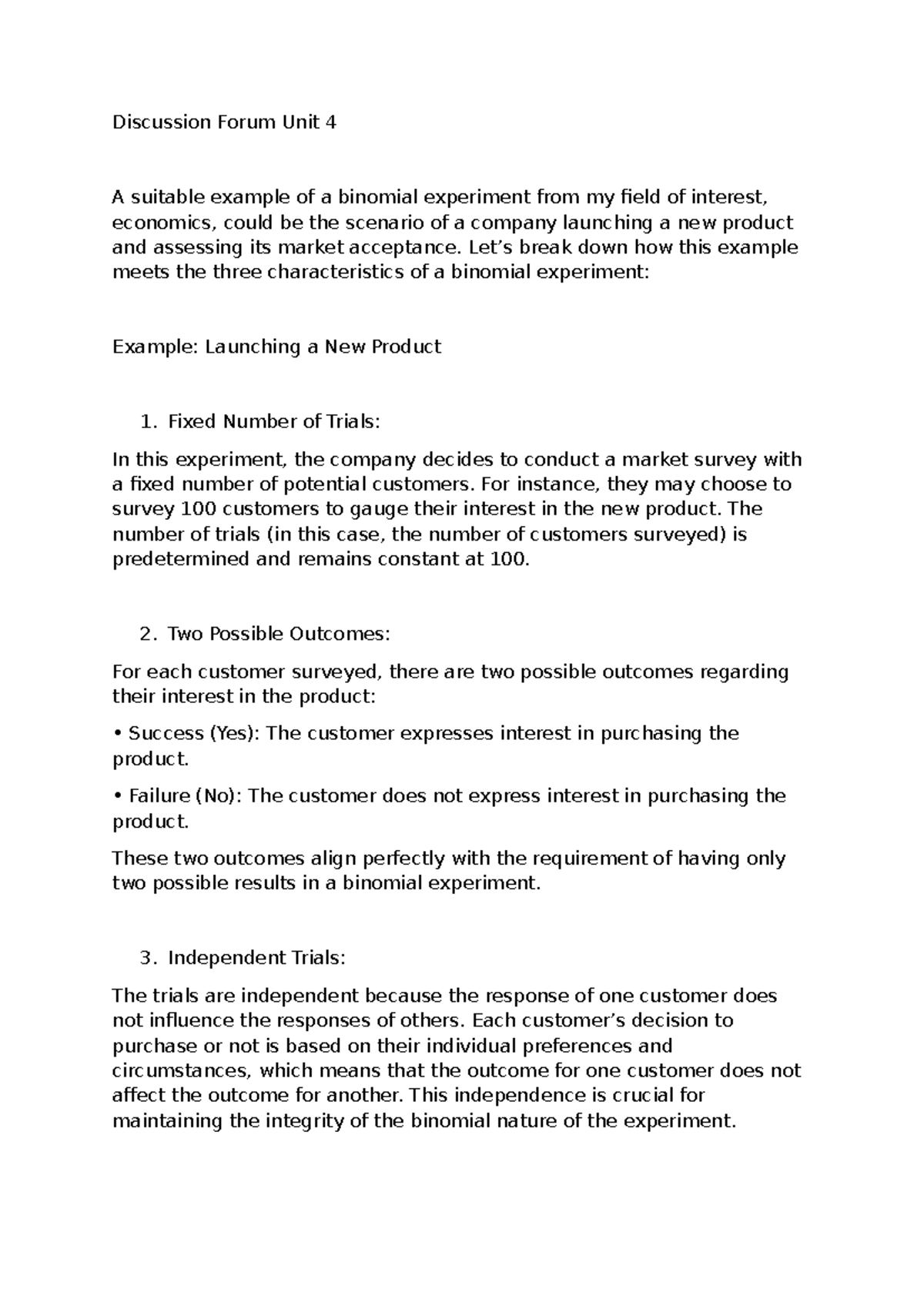 DF U4 Math 1280 - Binomial Experiment Analysis in Economics - Studocu