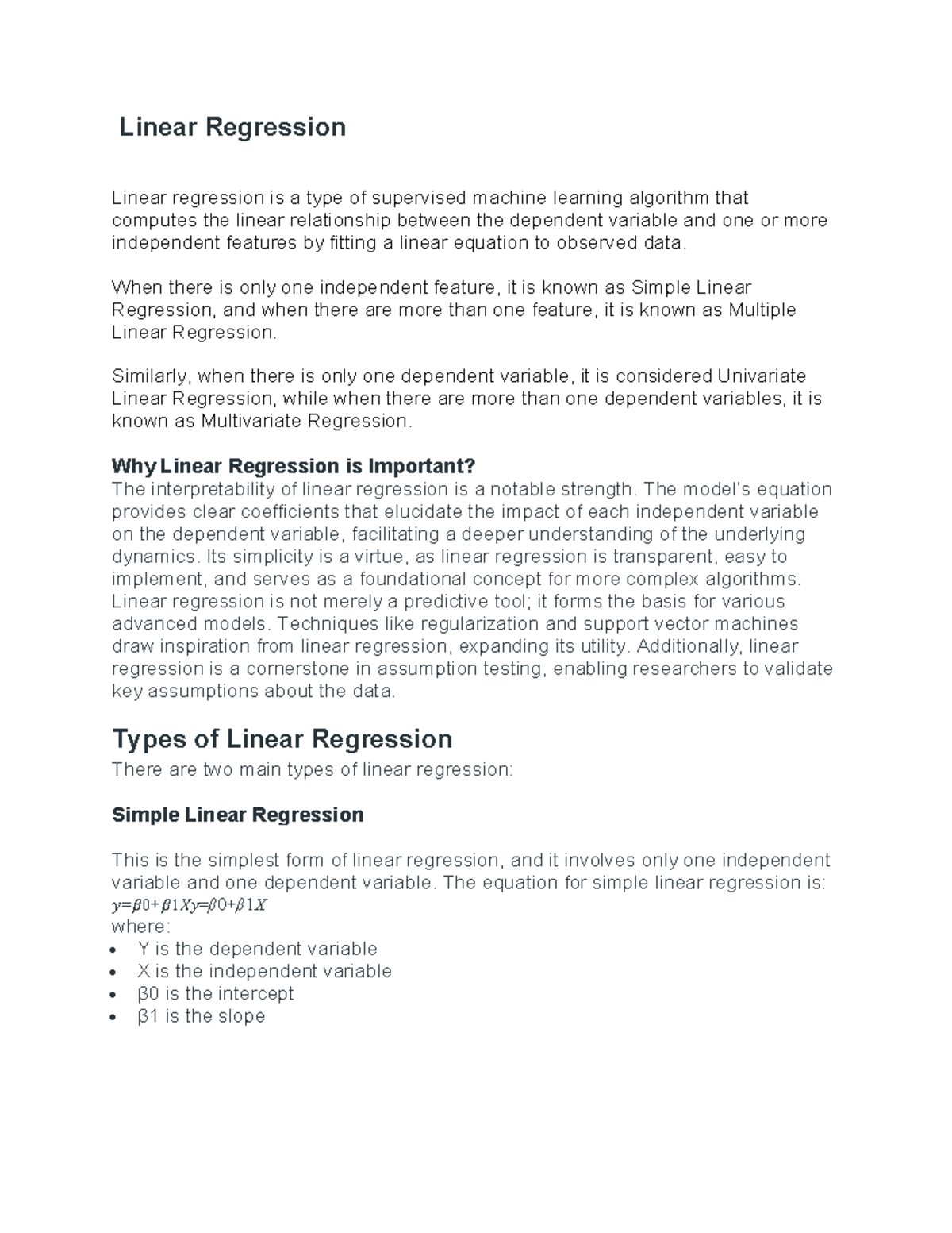 Linear Regression N - Comprehensive Study Notes and Overview - Studocu