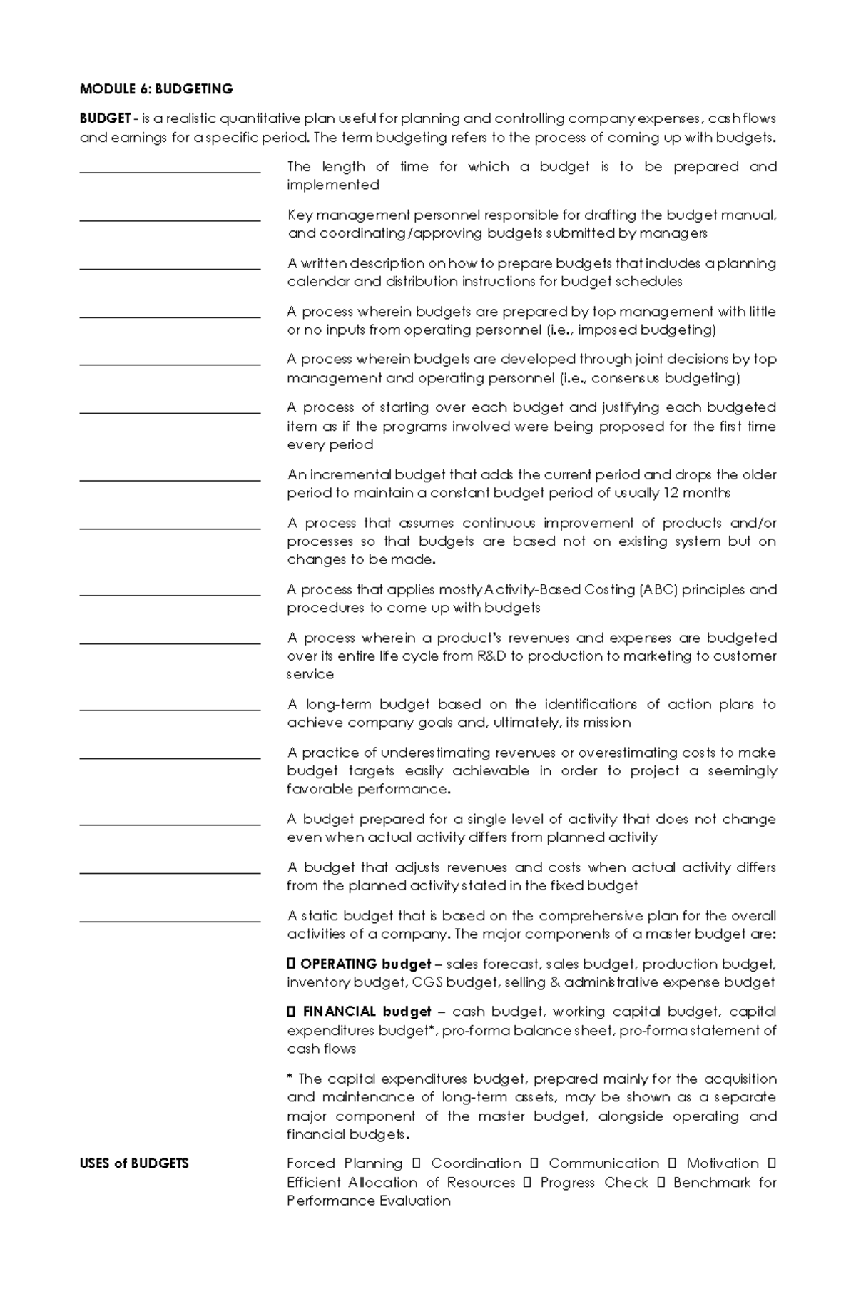 6 MAS REV Budgeting - Goodluck - MODULE 6 : BUDGETING BUDGET - is a ...