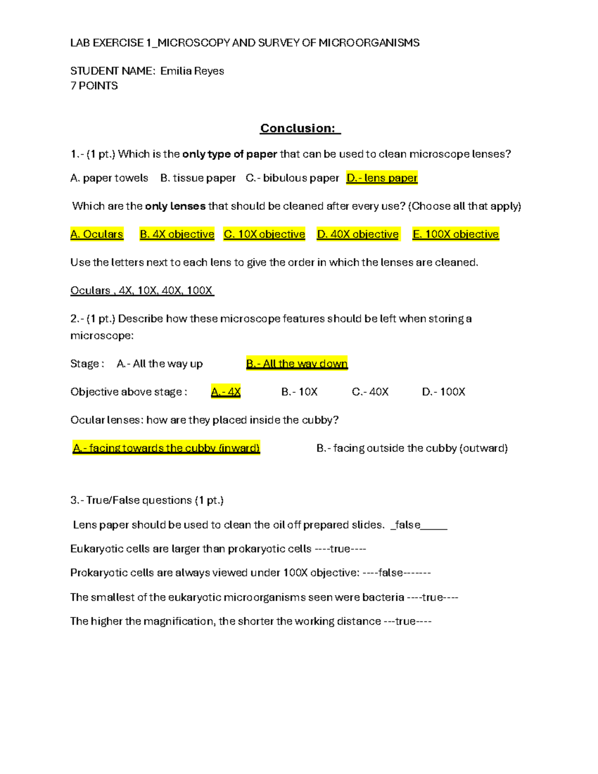 LAB EXERCISE 1: MICROSCOPE & MICROORGANISMS CONCLUSIONS - Studocu