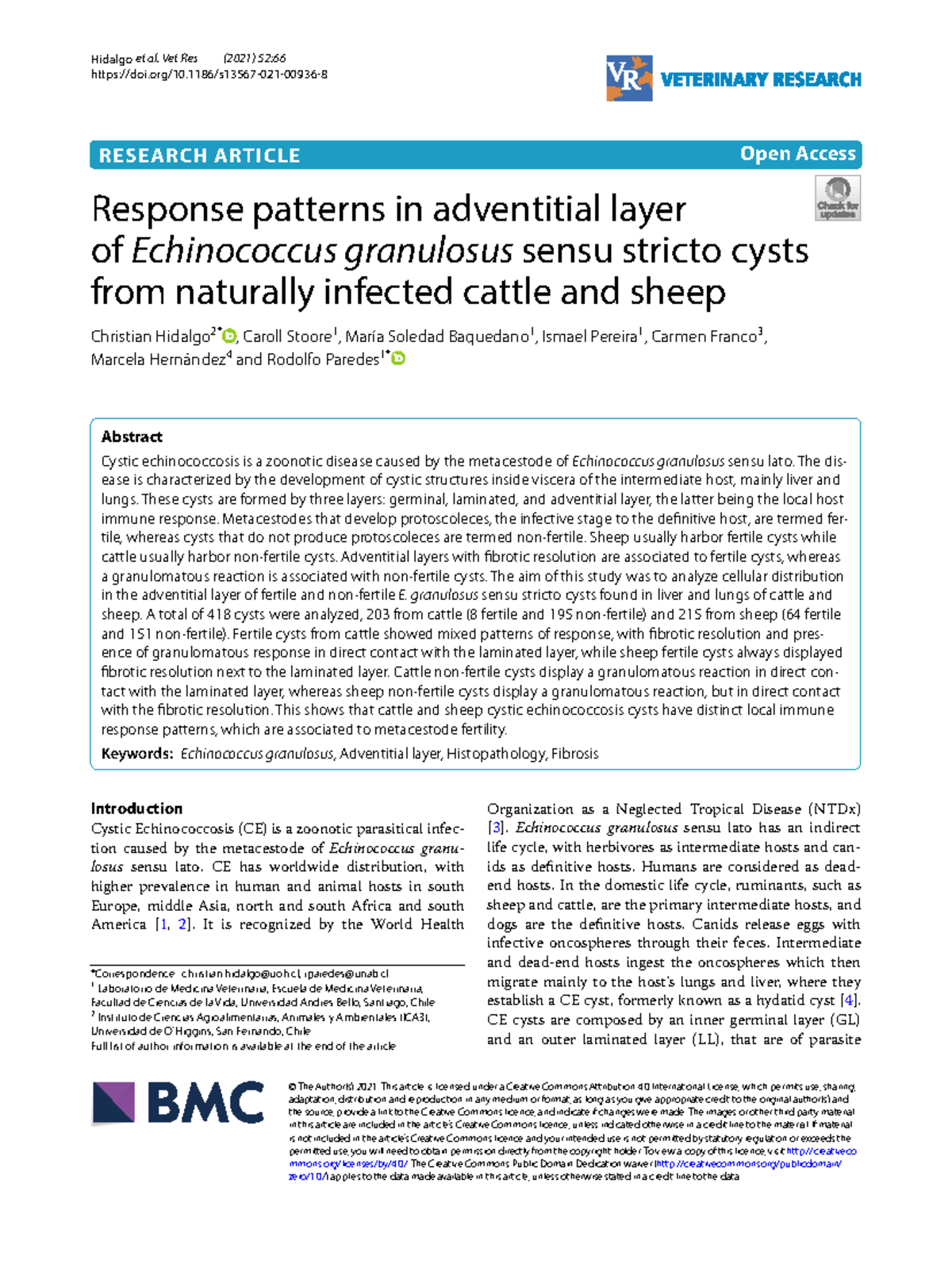 Response Patterns in Echinococcus granulosus Cysts in Cattle and Sheep ...