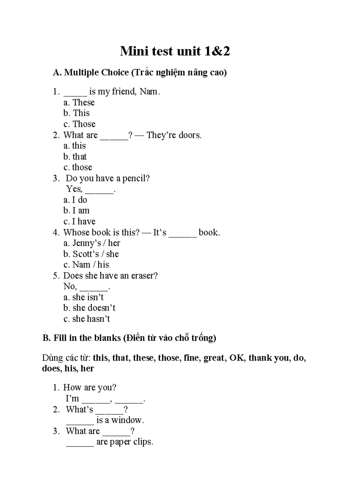 Mini Test Unit 1 & 2: Multiple Choice & Fill in the Blanks - Studocu