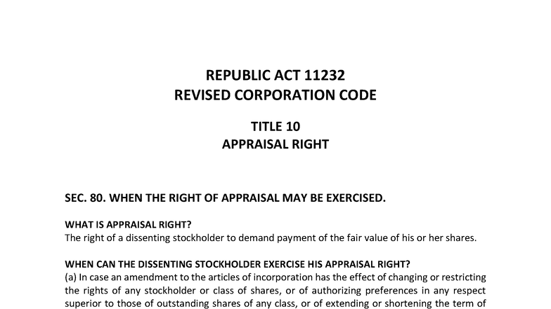 Discussions on RA 11232 Title 10: Appraisal Right Explained - Studocu