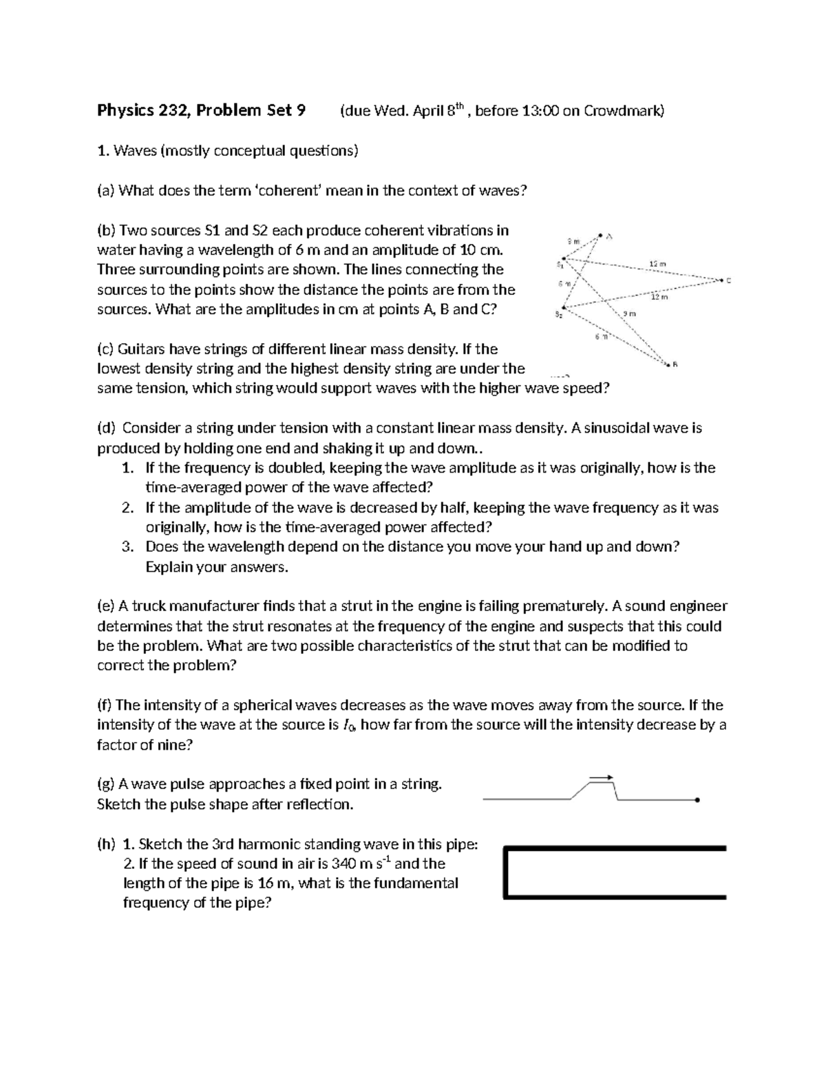 Physics 232, Problem Set 9: Waves and Harmonics Concepts - Studocu