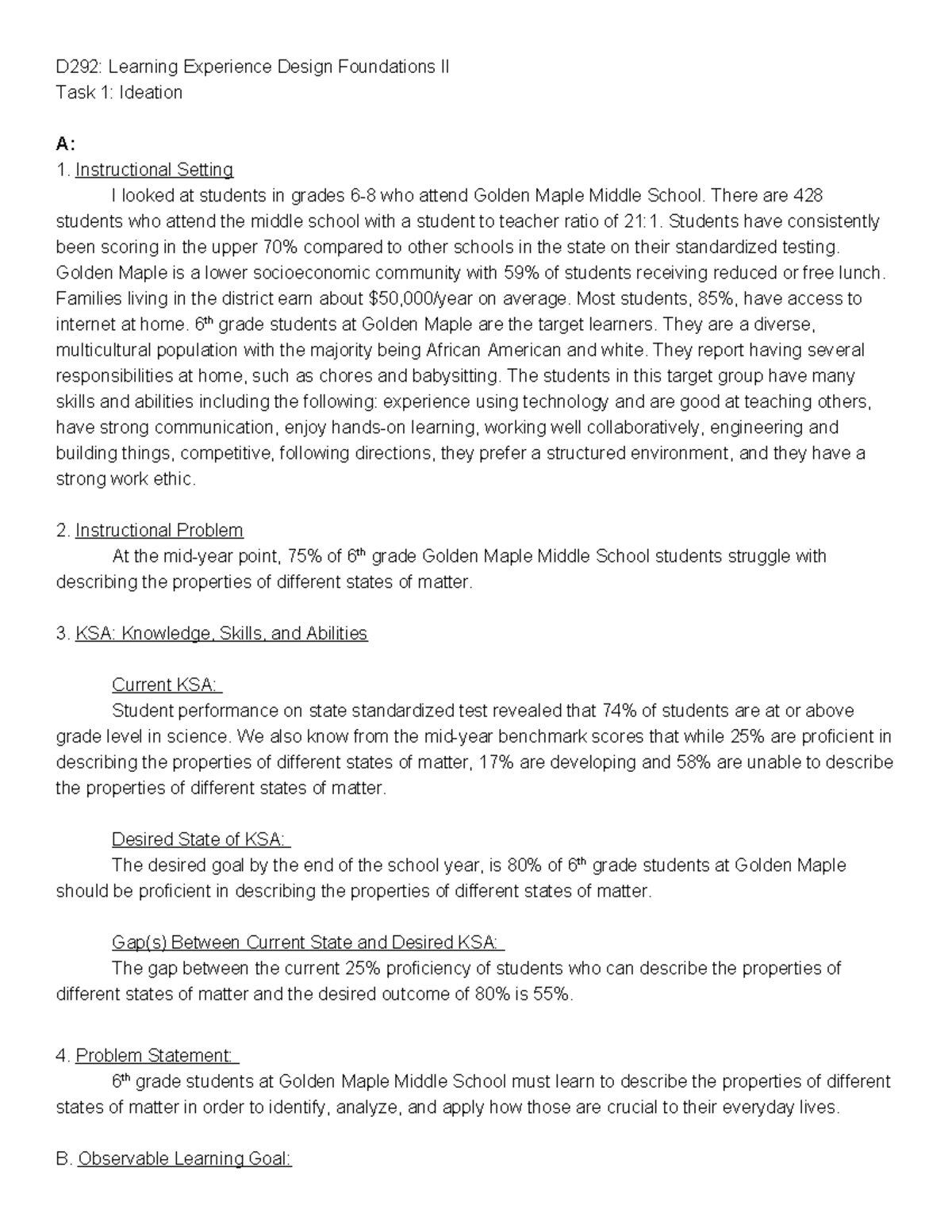 D292 Task 1 Ideation - Passed on 1st try. - D292: Learning Experience ...