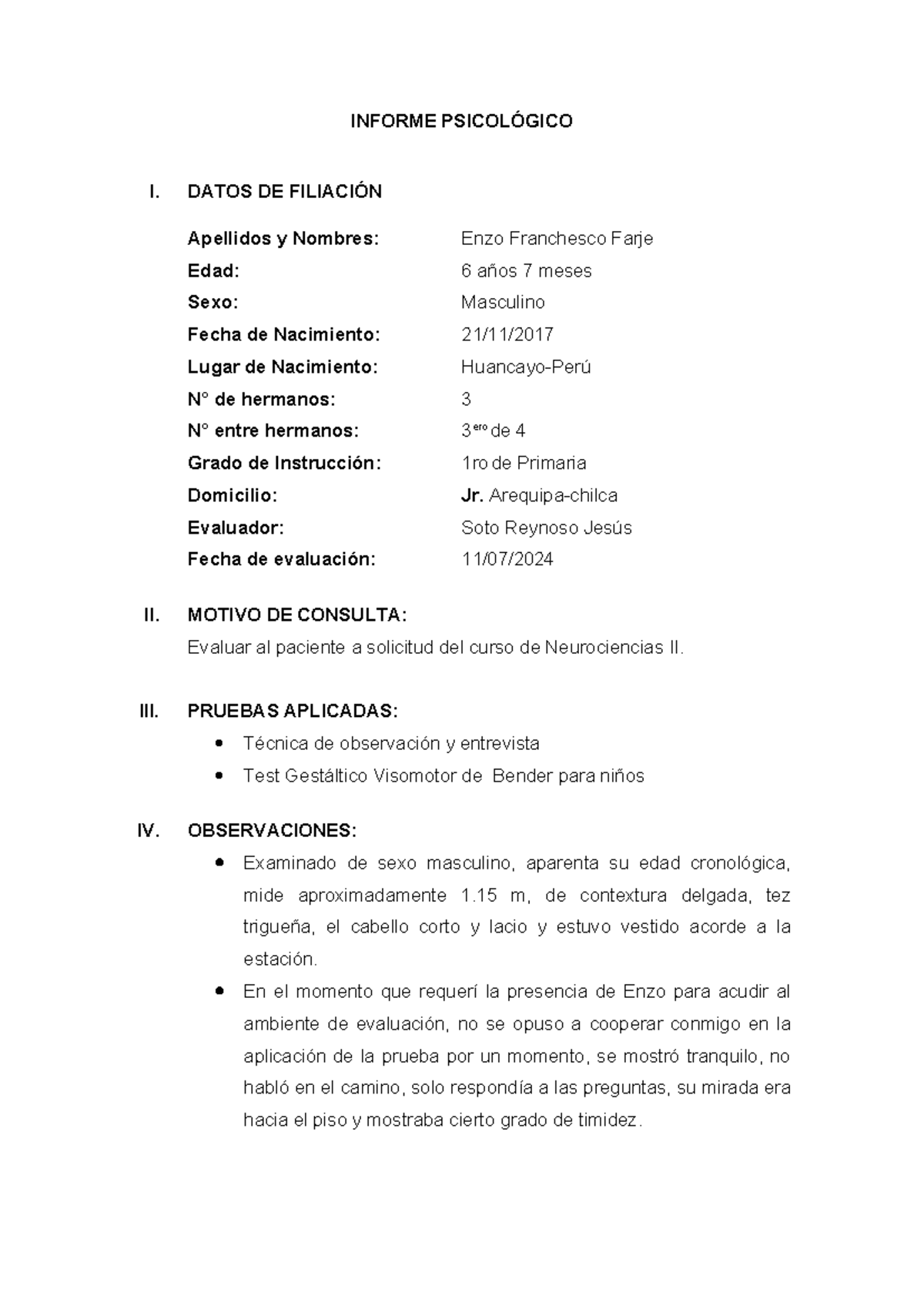 Informe Psicológico I: Evaluación de Enzo Franchesco Farje - Studocu