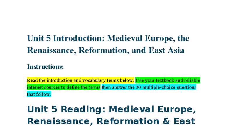 Unit 5 Introduction: Medieval Europe, Renaissance, Reformation & East ...