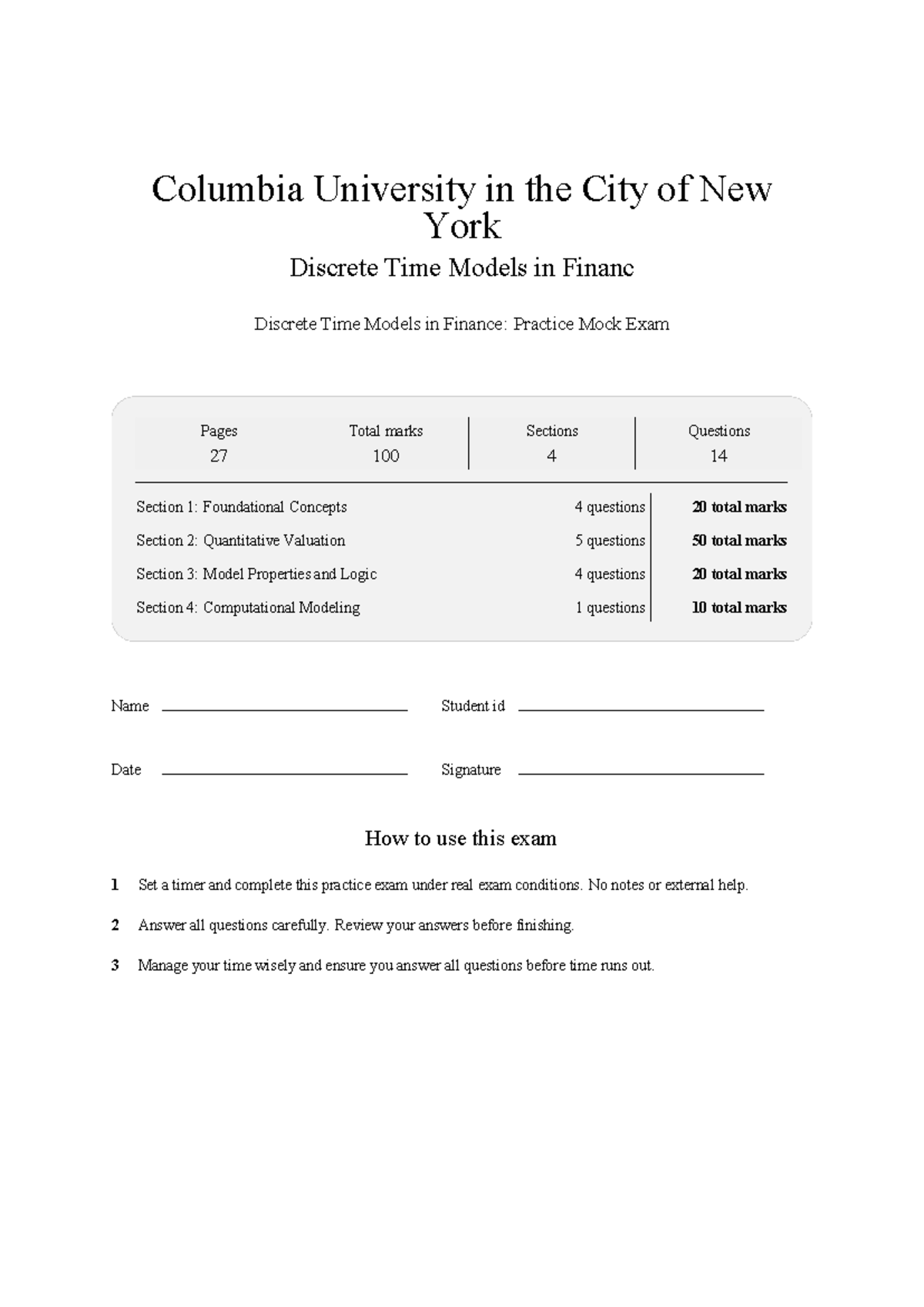 UN3050 Discrete Time Models in Finance: Practice Mock Exam 2026 - Studocu