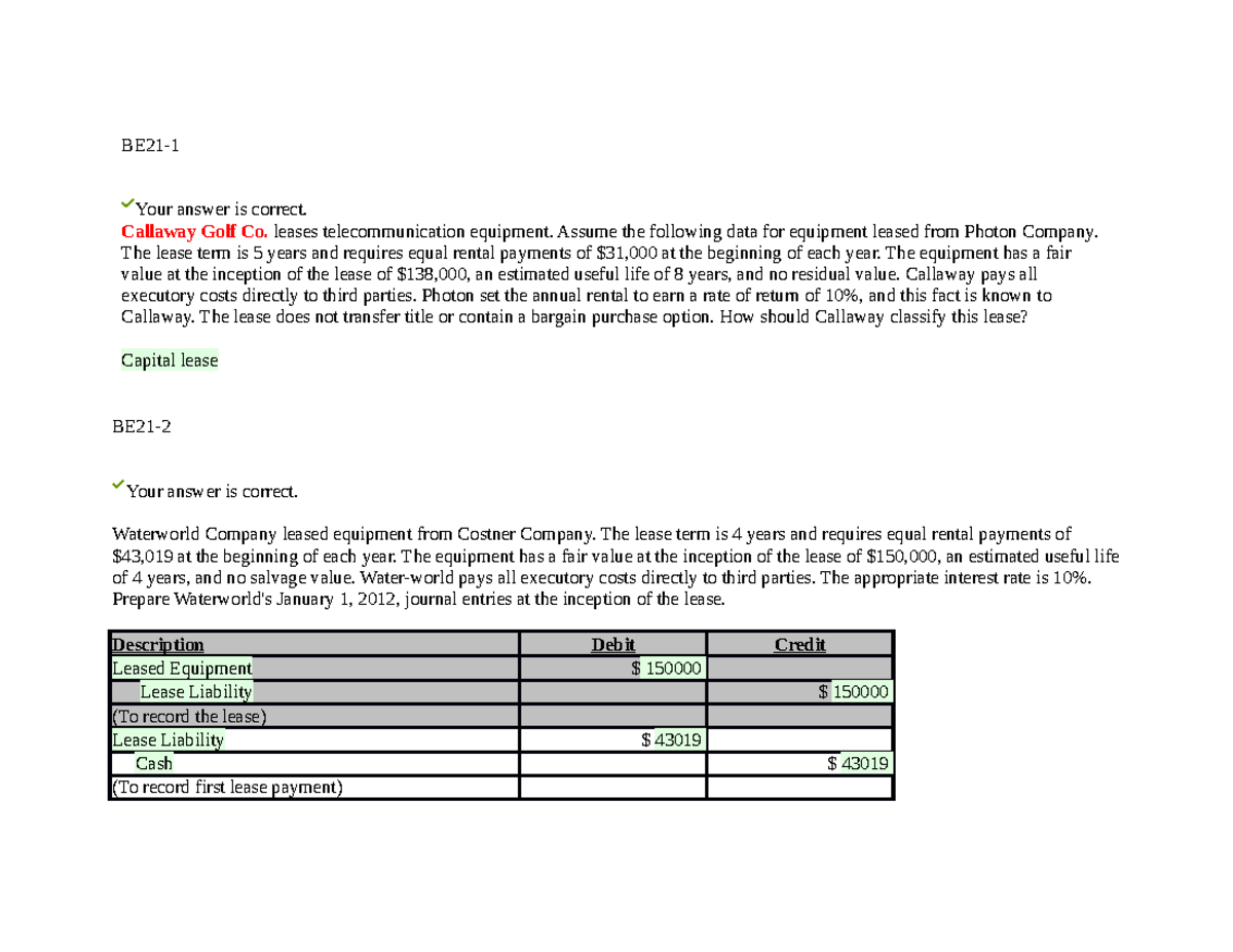 BE21 - Lease Accounting Journal Entries and Amortization Schedules ...