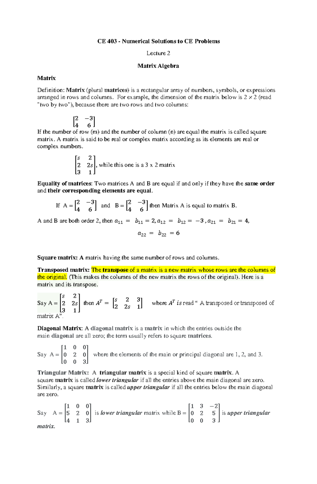 CE 403 Lecture 2 - Matrix Algebra and Numerical Solutions - Studocu