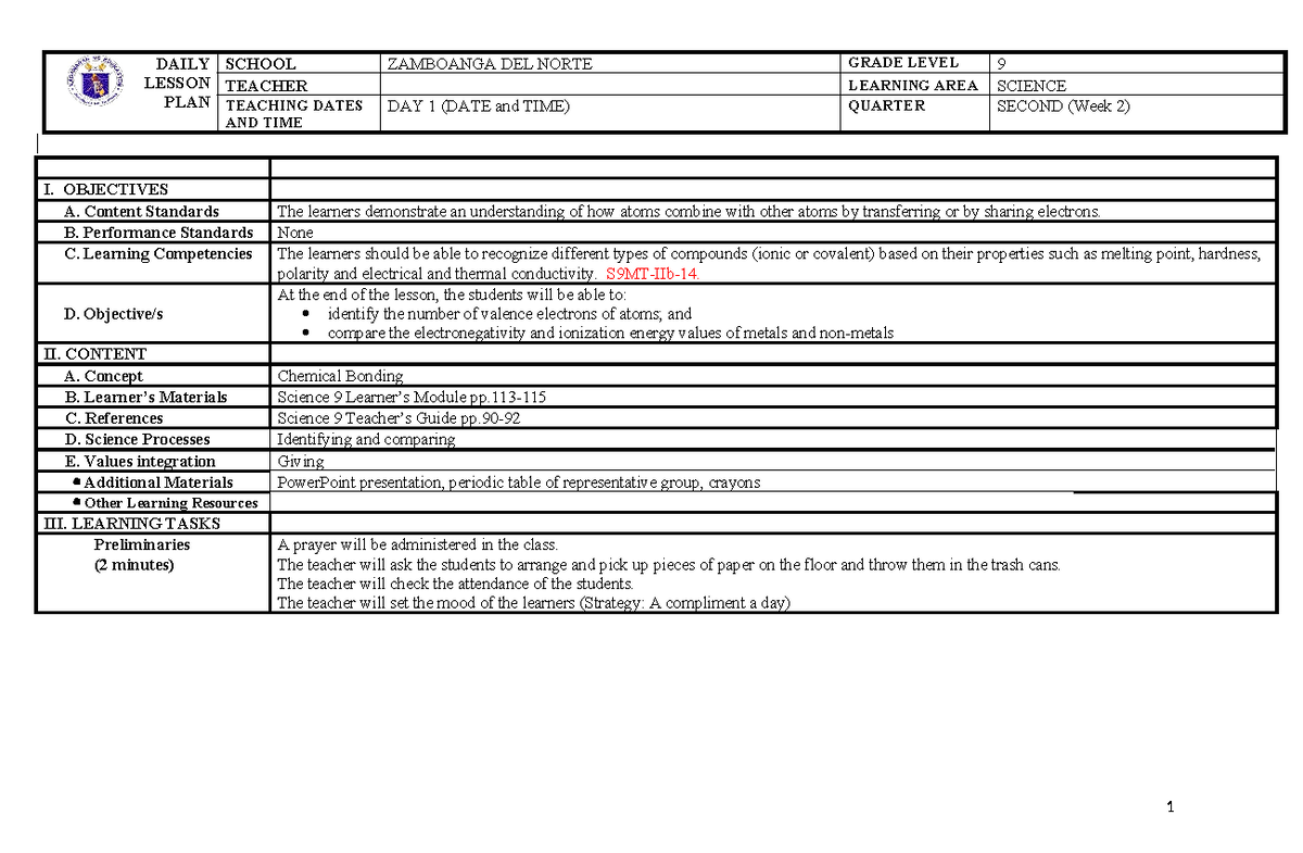 Sci 9 Q2 Wk 2 Day 1 Lesson Plan: Chemical Bonding & Compounds - Studocu