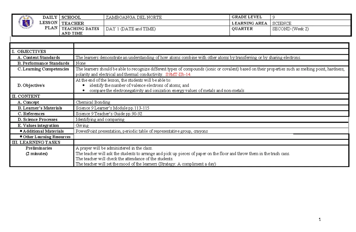 Sci9Q2W2 Day 2 Lesson Plan: Understanding Chemical Bonding - Studocu