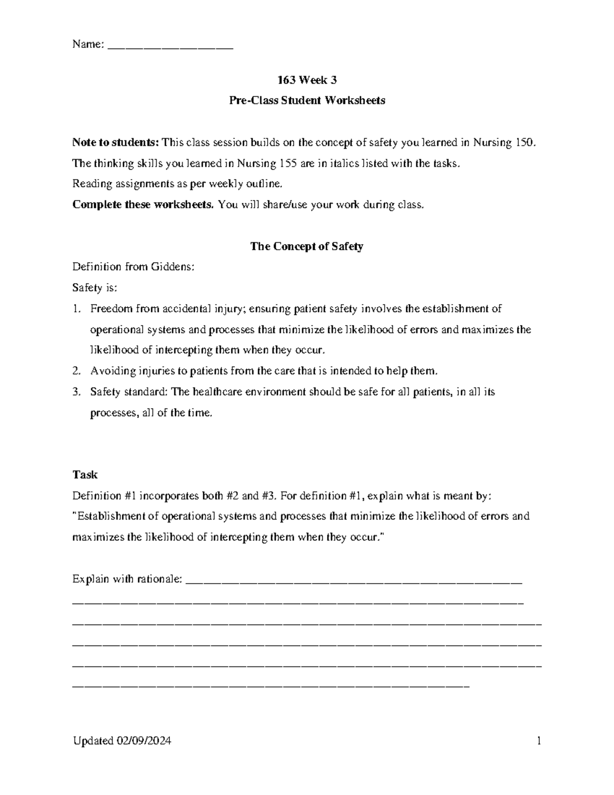 NUR 163 Week 3 Pre-Class Assignment - 163 Week 3 Pre-Class Student ...
