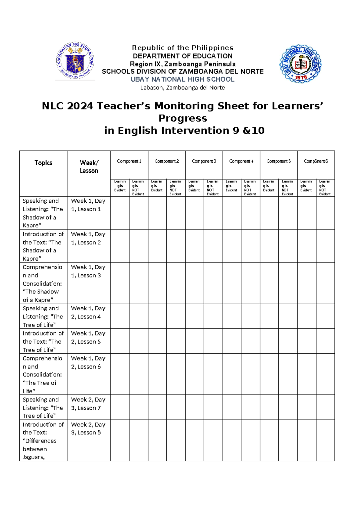NLC 2024 Monitoring Sheet for Learners' Progress in English ...