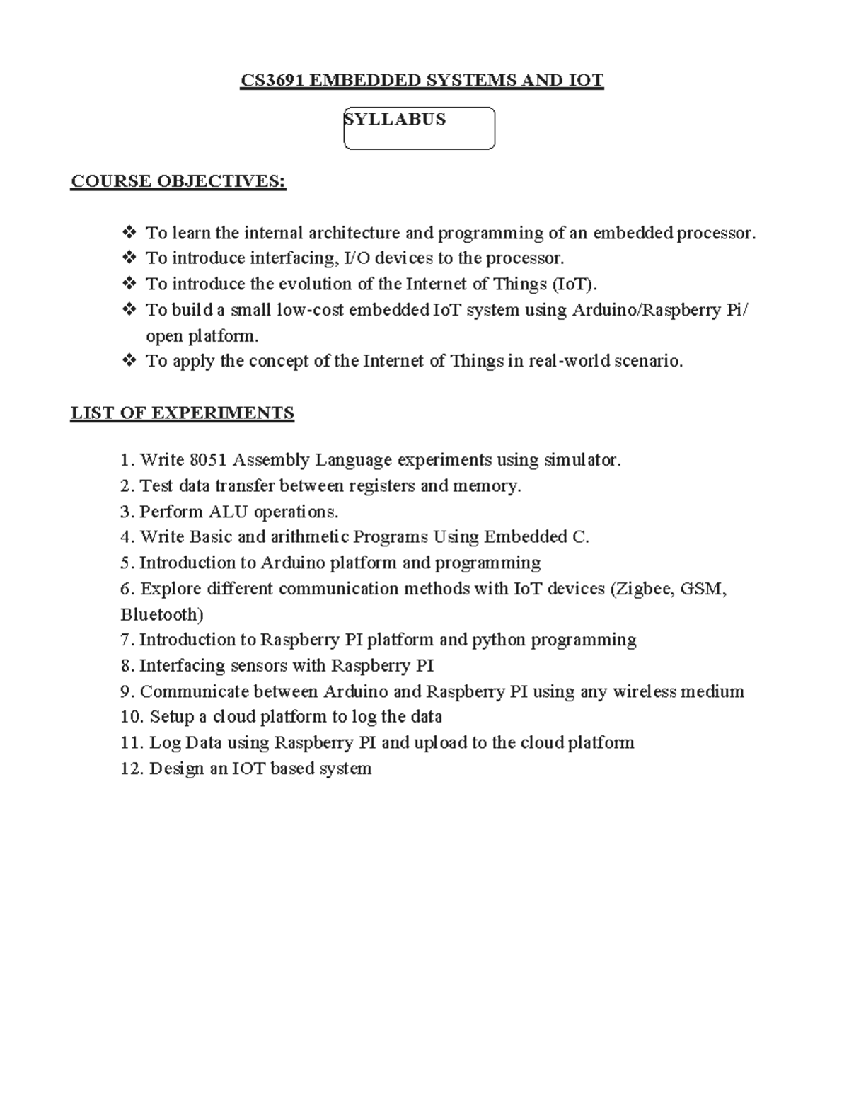 Embedded Systems Lab Manual: Experiments & Programming (CS101) - Studocu