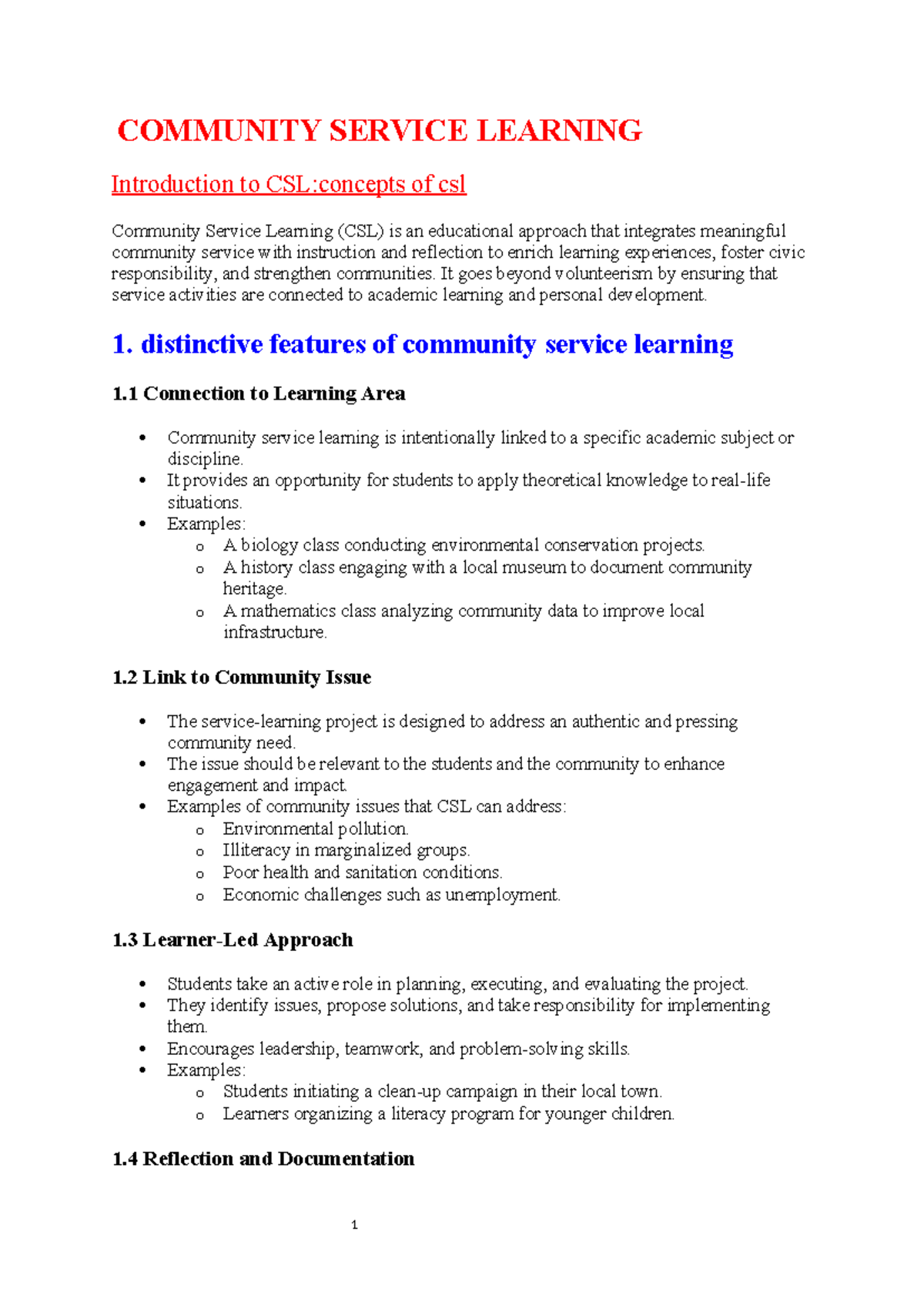 COMMUNITY SERVICE LEARNING (CSL): Concepts and Applications - Studocu