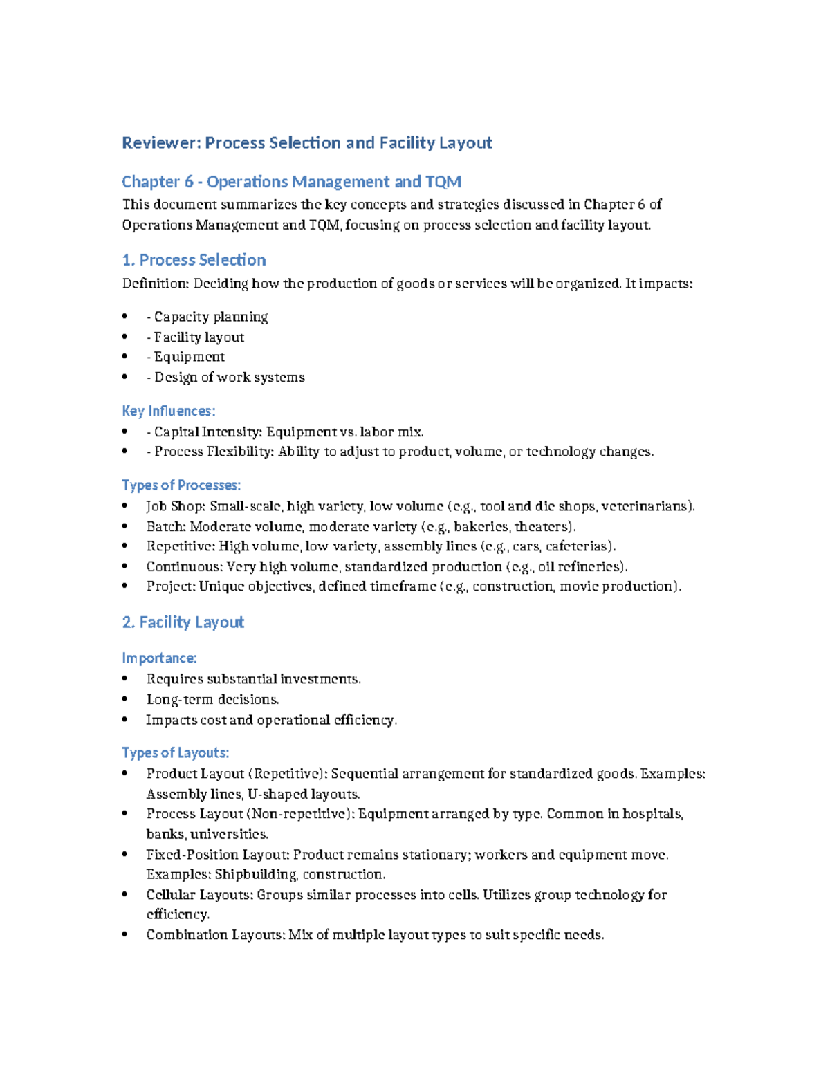 Operations Management: Process Selection & Facility Layout Overview ...