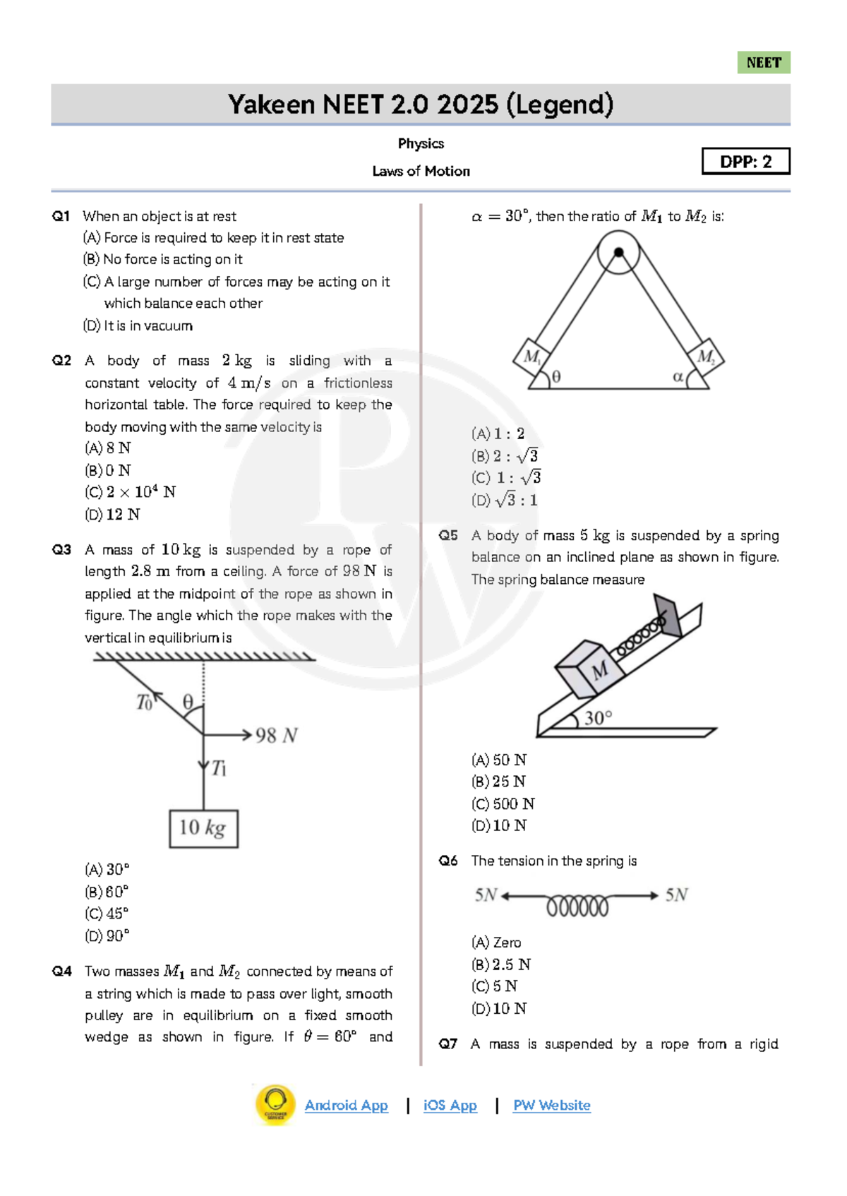 Laws of Motion DPP 02 (Lec-04) Yakeen NEET 2.0 2025 - Studocu