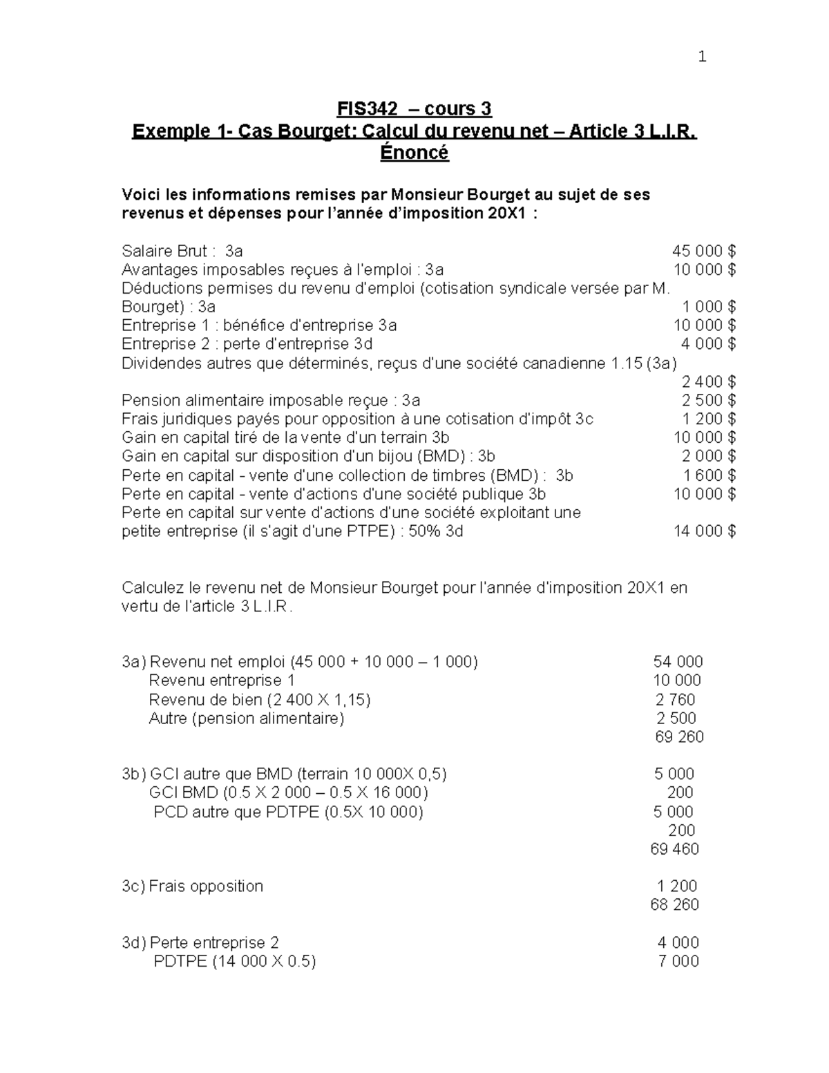 02 E1- Cas Bourget - Calcul du revenu net Énoncé - 1 FIS342 – cours 3 ...
