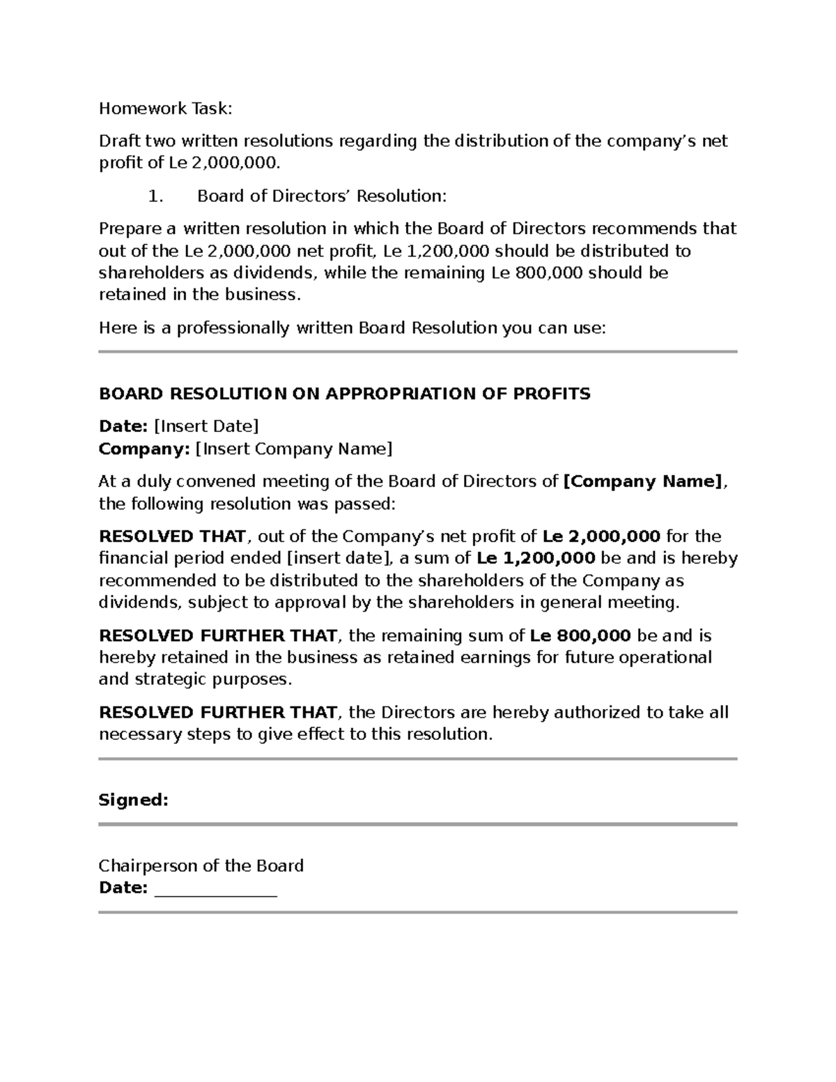 Homework Task: Draft Resolutions for Profit Distribution - Studocu