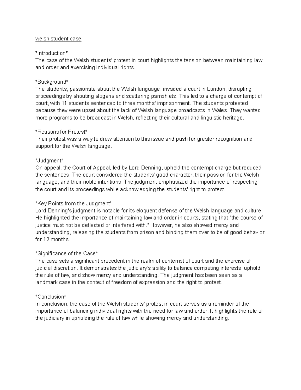 WELSH 101: Case Study on the Welsh Protest and Court Ruling - Studocu