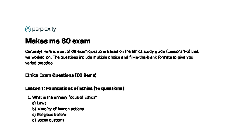 Ethics 101: 60 Exam Questions for Final Exam Preparation - Studocu