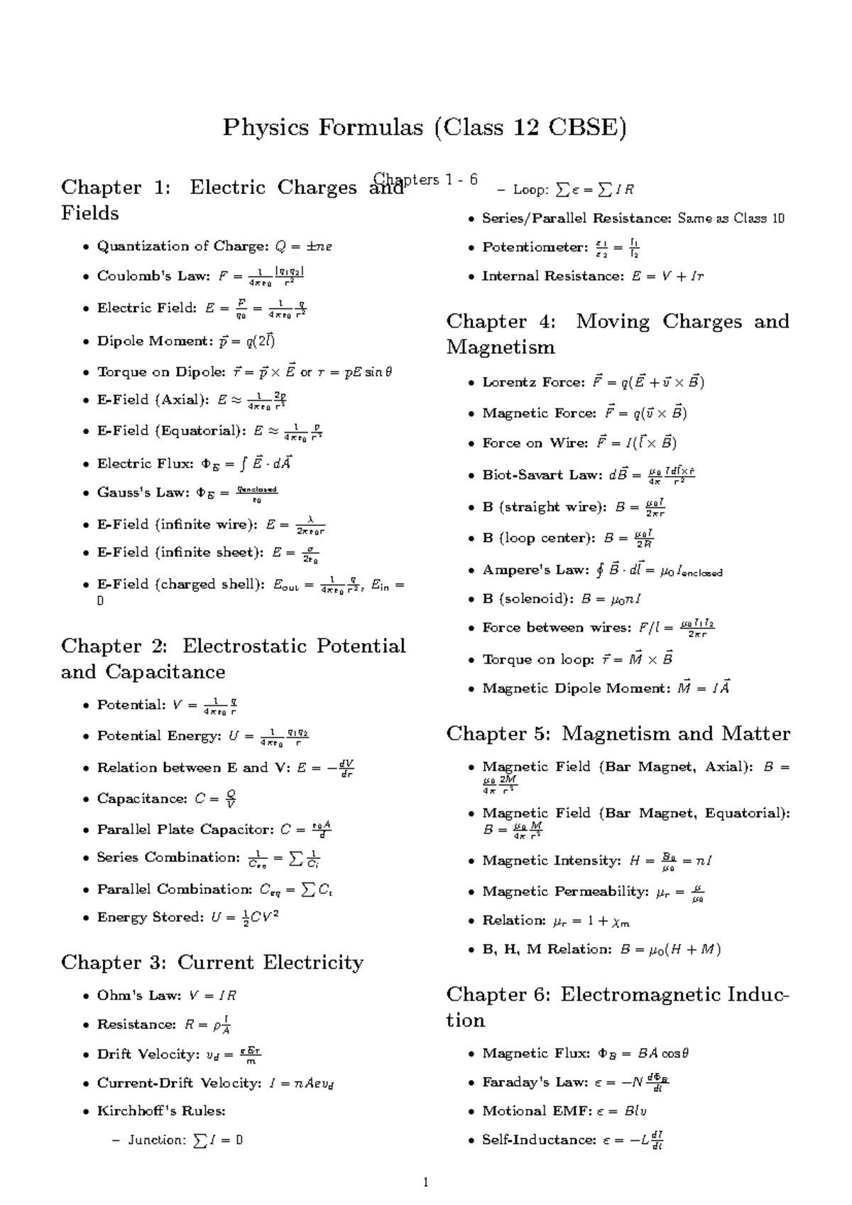 Physics Formulas for Class 12 CBSE: Chapters 1-6 Overview - Studocu
