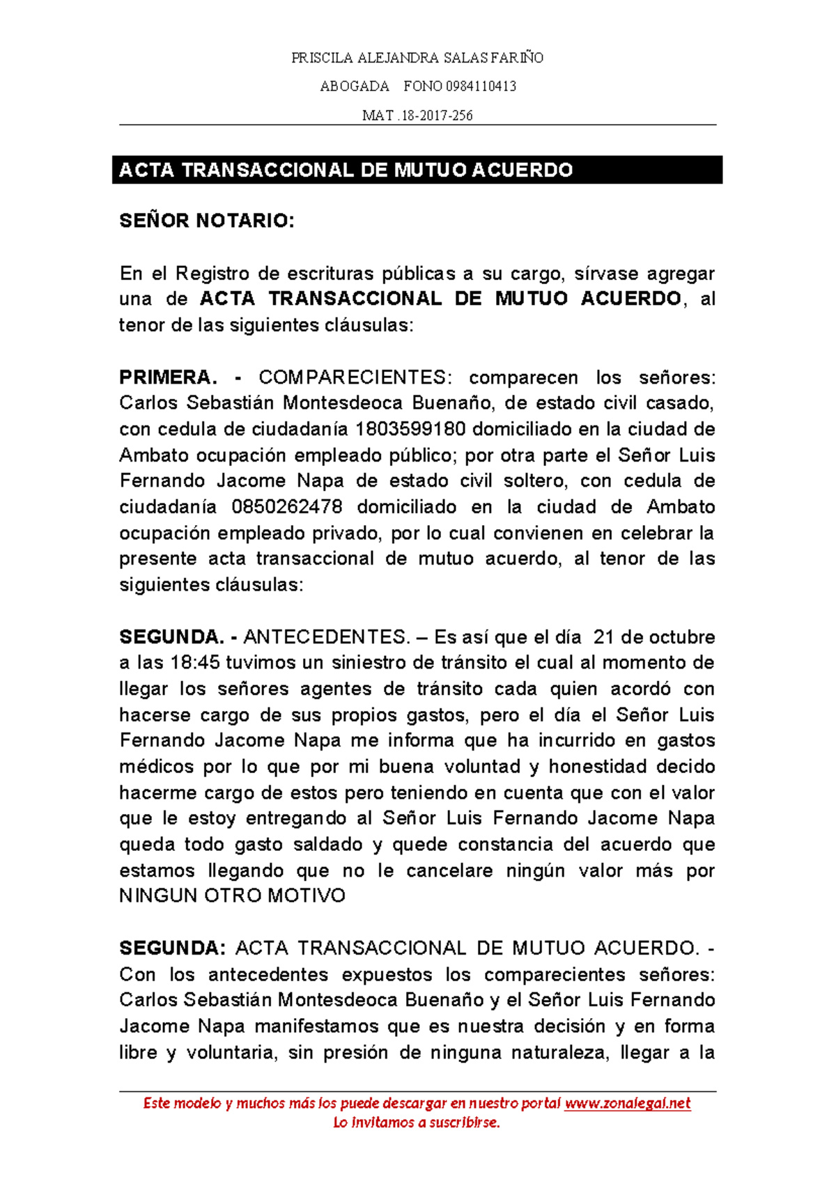ACTA Transaccional de Mutuo Acuerdo - Modelo Legal 2017 - Studocu