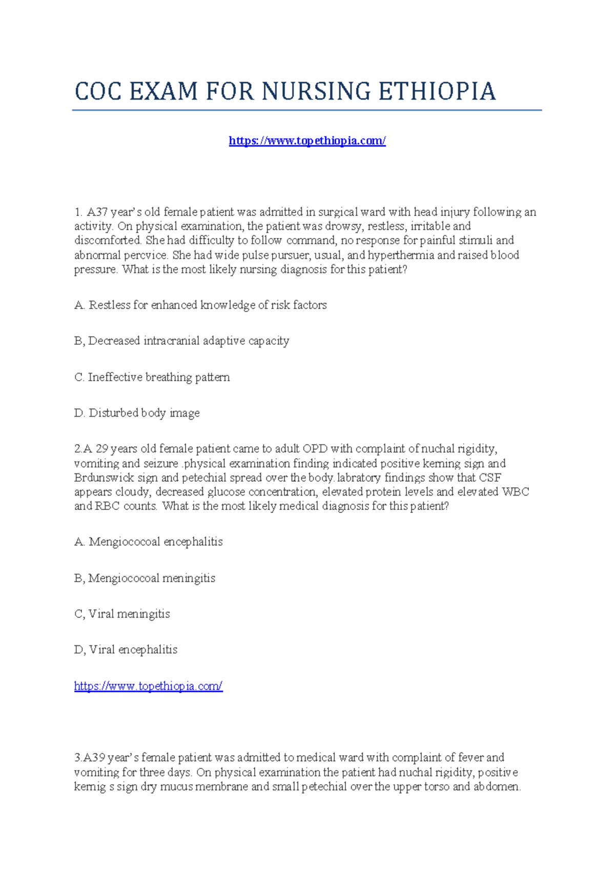 Nursing Question ans Answer - COC EXAM FOR NURSING ETHIOPIA topethiopia/ A37 year’s old female ...