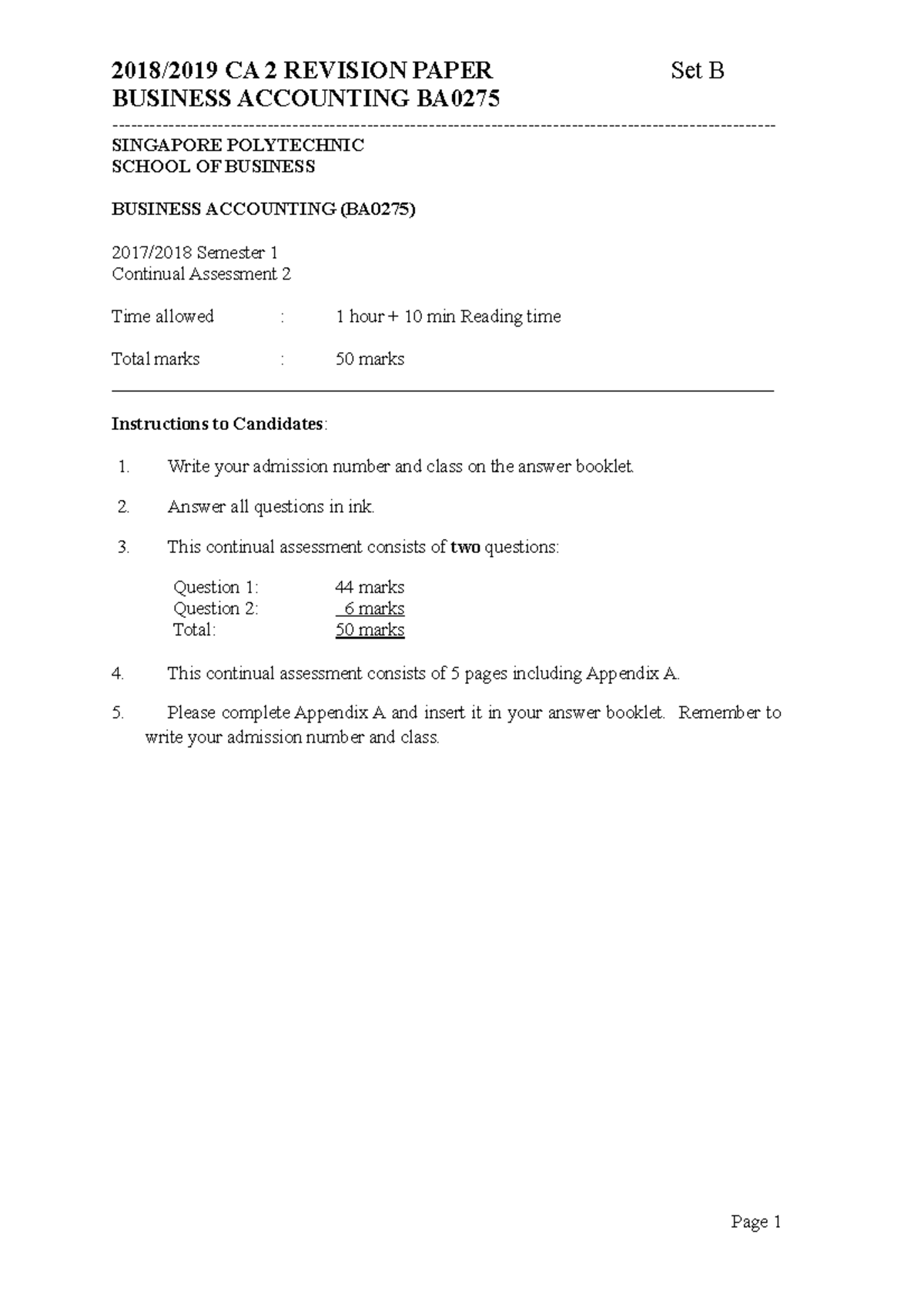 BUSINESS ACCOUNTING (BA0275) CONTINUAL ASSESSMENT REVISION PAPER 1 ...