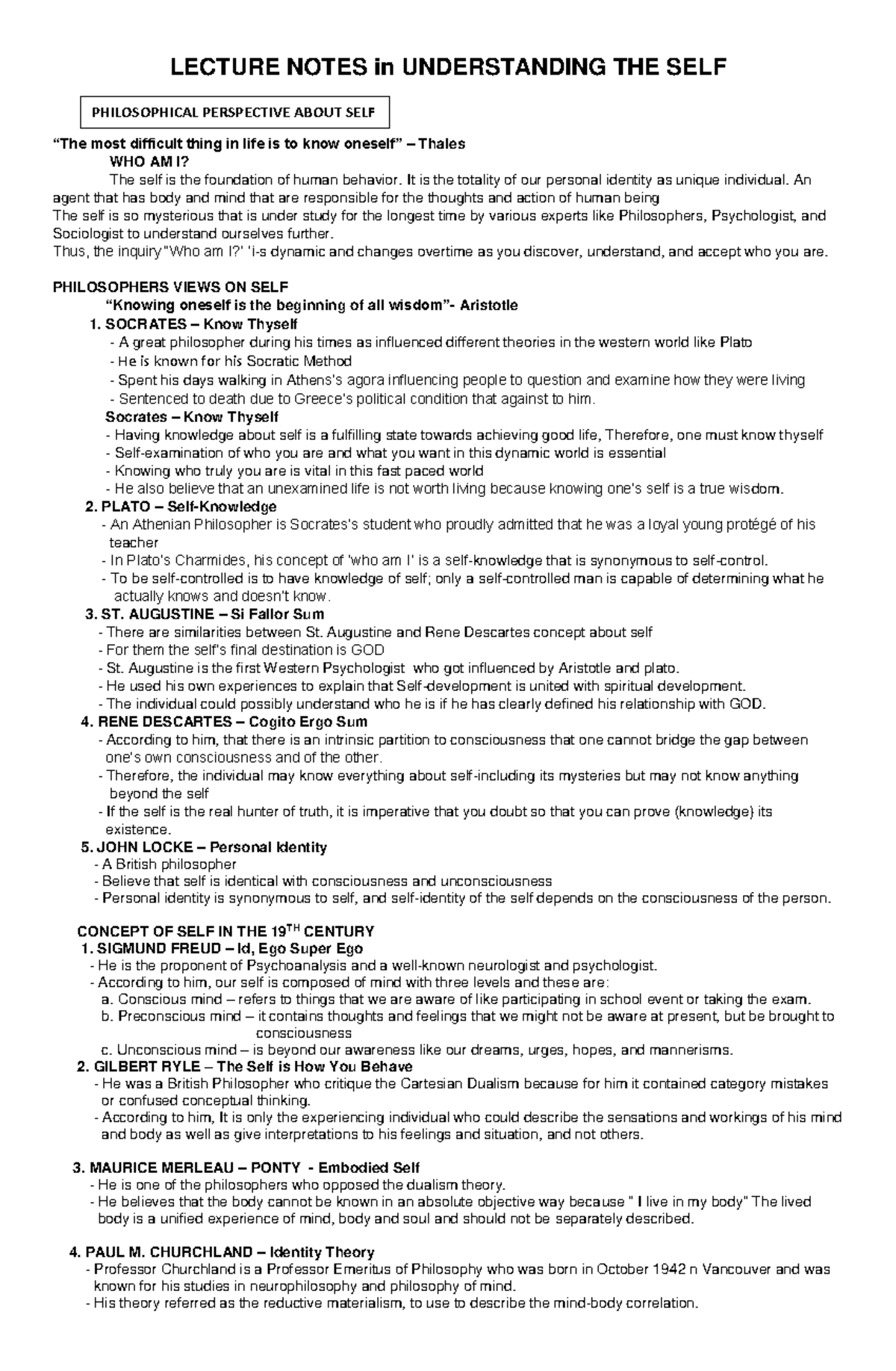 Lecture Notes: UTS - Understanding the Concept of Self - Studocu