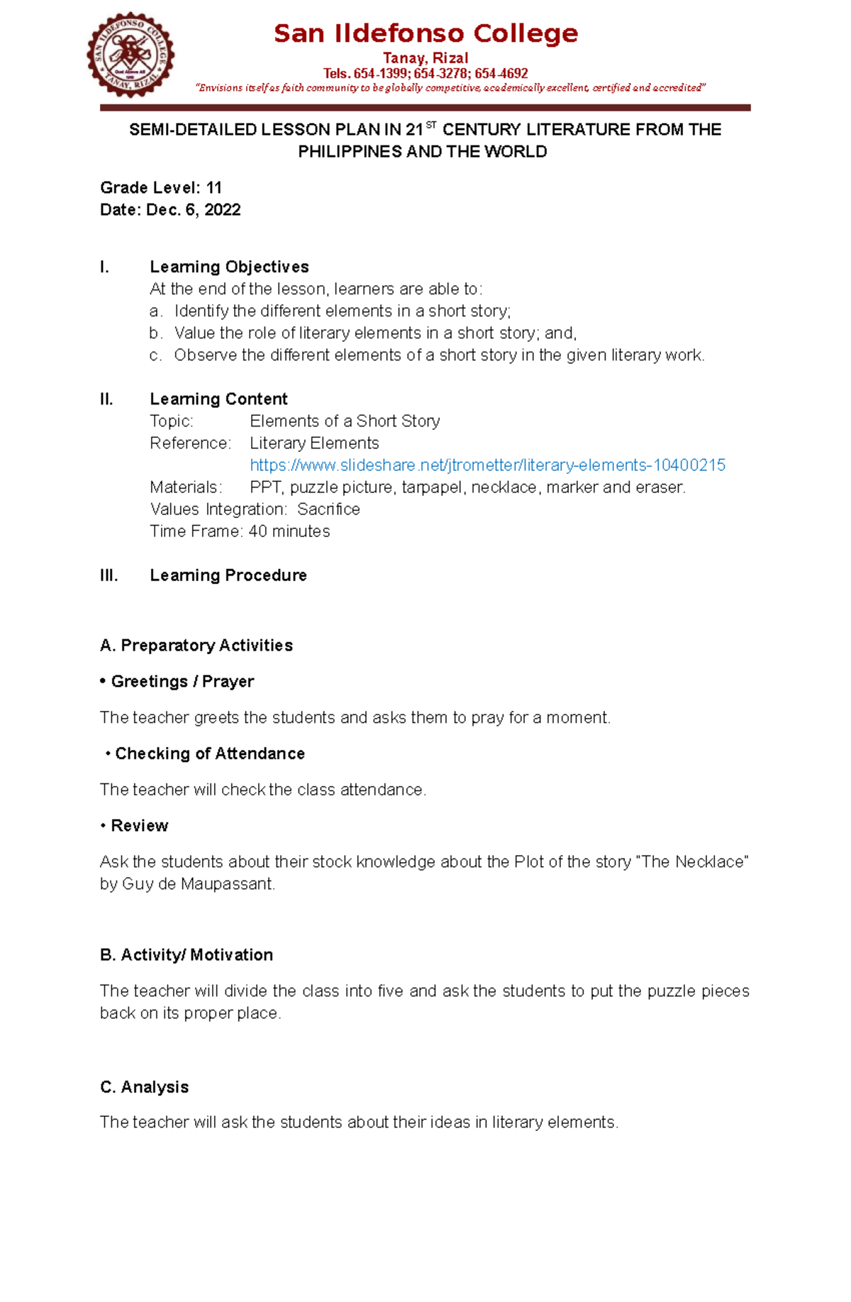Elements of a Short Story: Semi-Detailed Lesson Plan (Grade 11) - Studocu