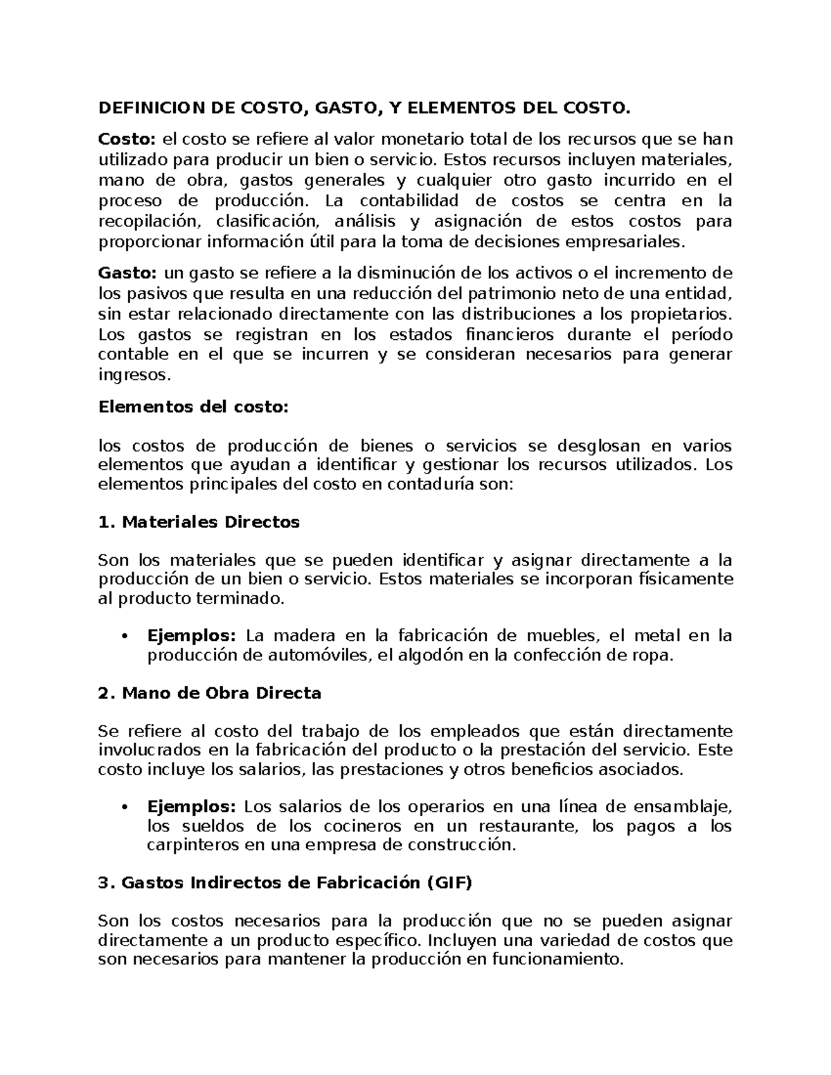 Definición de Costo, Gasto y Elementos del Costo - Entrega CP101 - Studocu