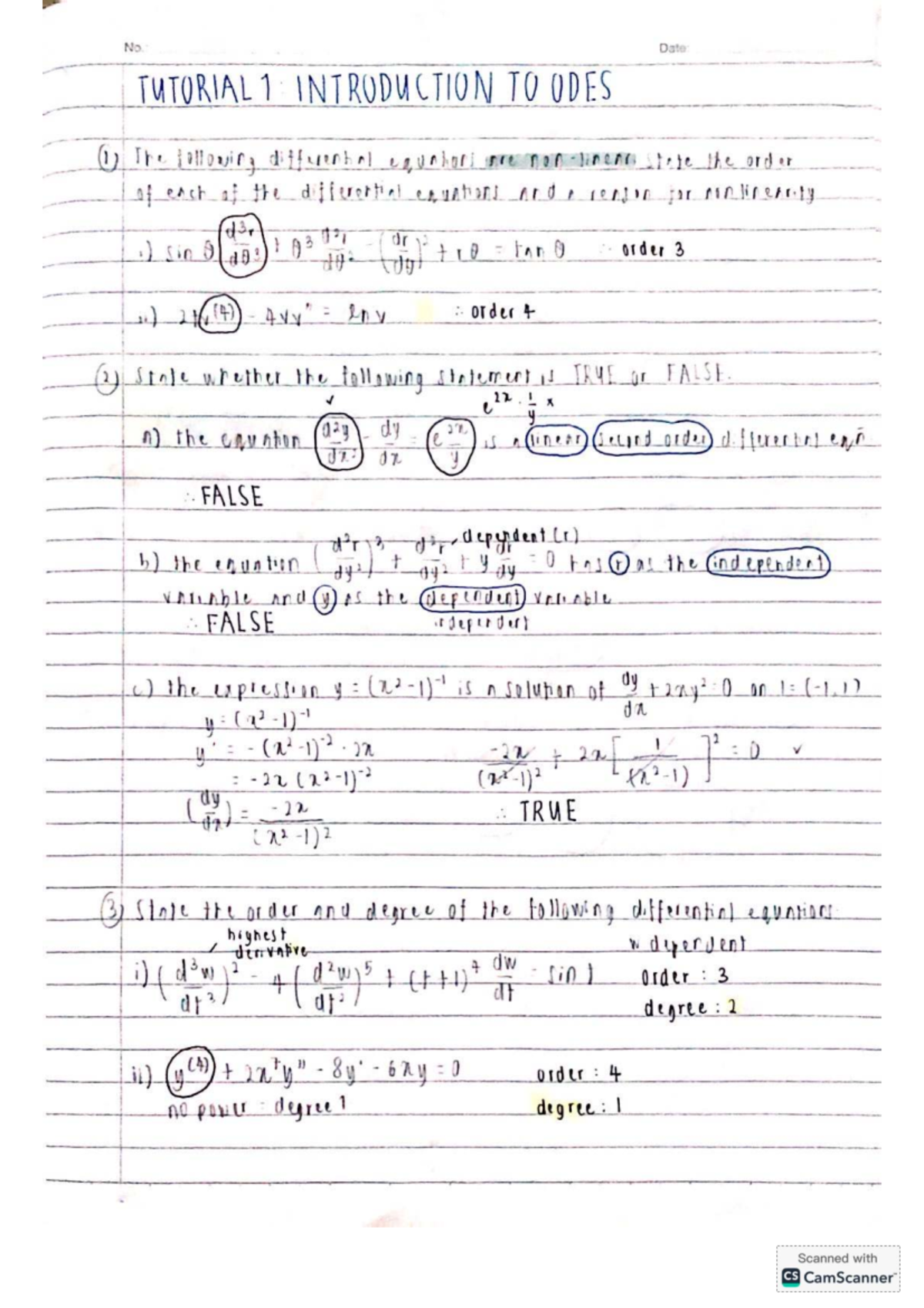 Mat522 Tutorial 1: Introduction to ODEs and Their Properties - Studocu