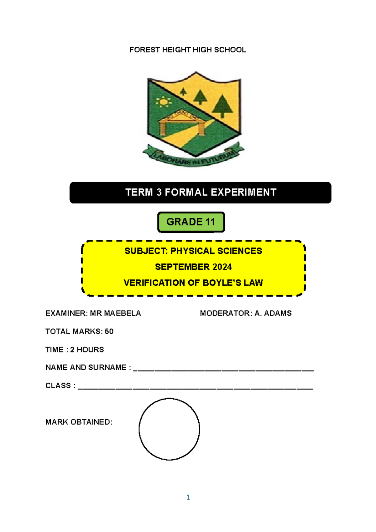 Grade 11 Physical Sciences Term 3 Practical: Boyle's Law Experiment ...