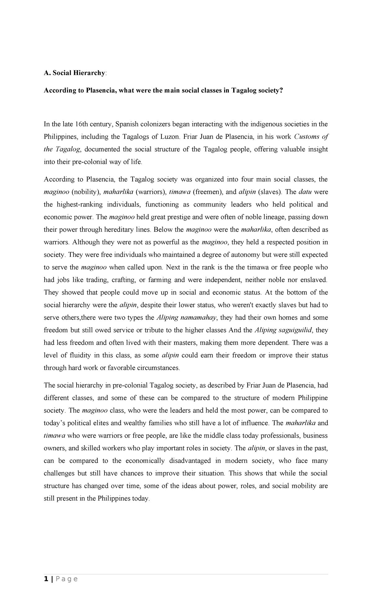 Social Structure and Beliefs of the Tagalogs (HIST 101: Pre-Colonial ...