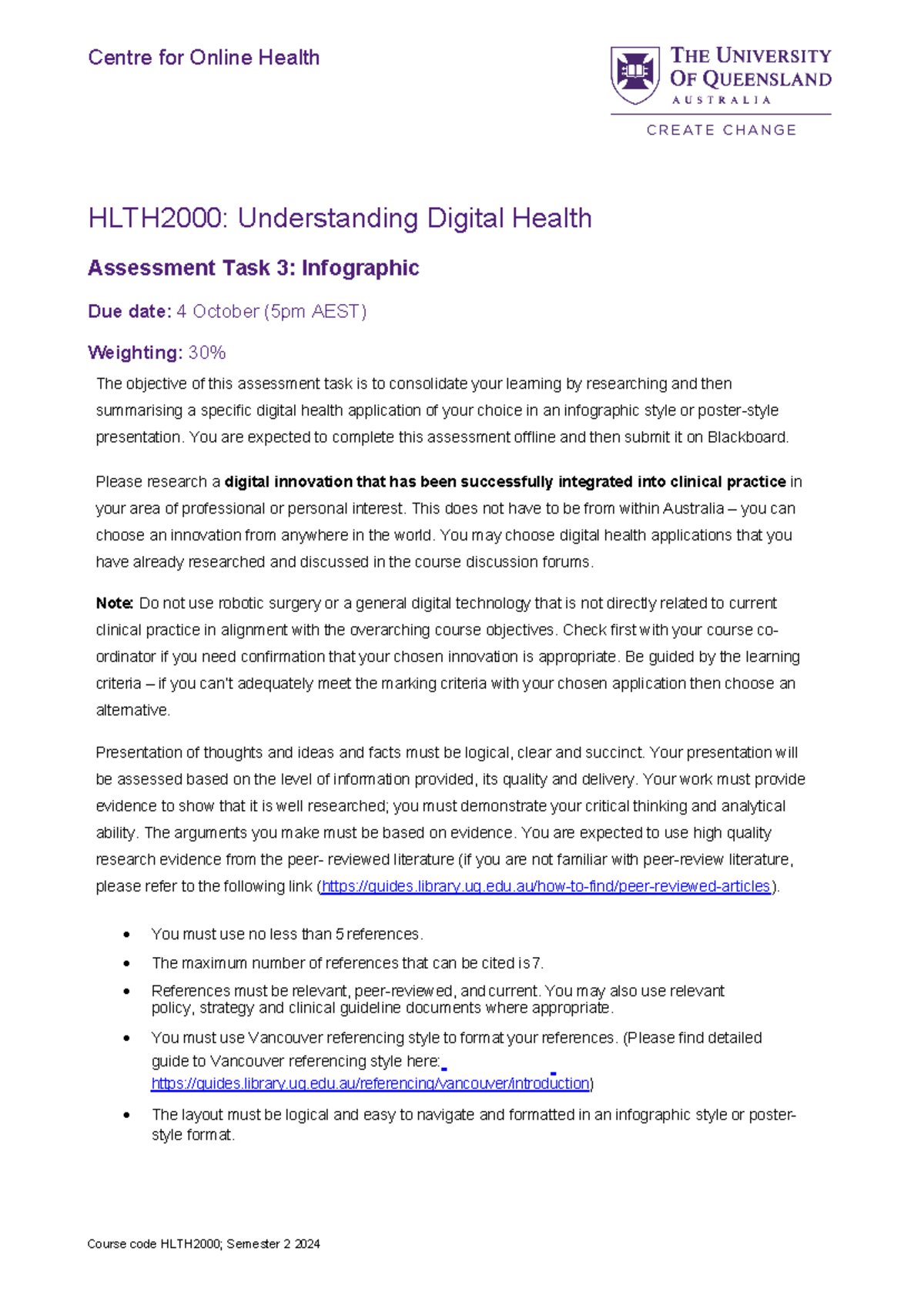 Infographic Instructions S2 2024 - Centre for Online Health Course code ...