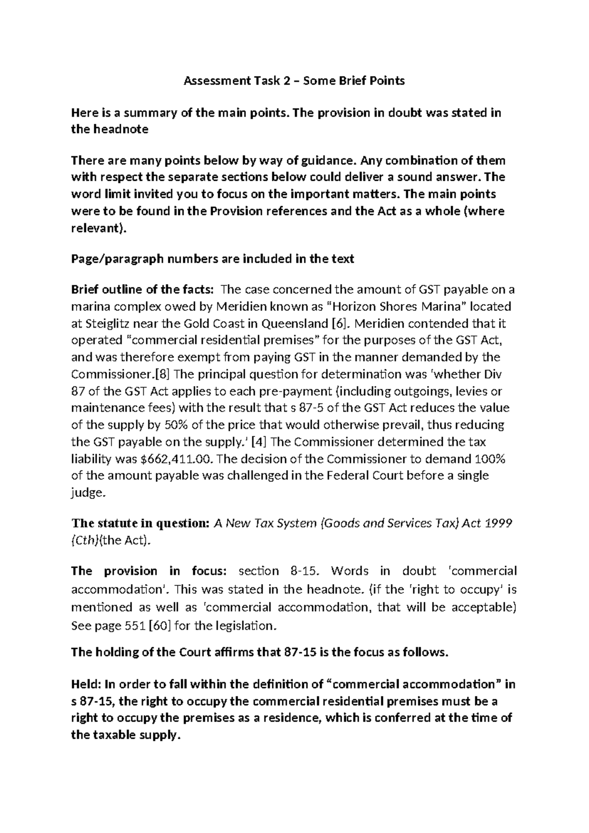 Model Answer - Case Analysis - Tagged - Assessment Task 2 – Some Brief Points Here is a summary ...