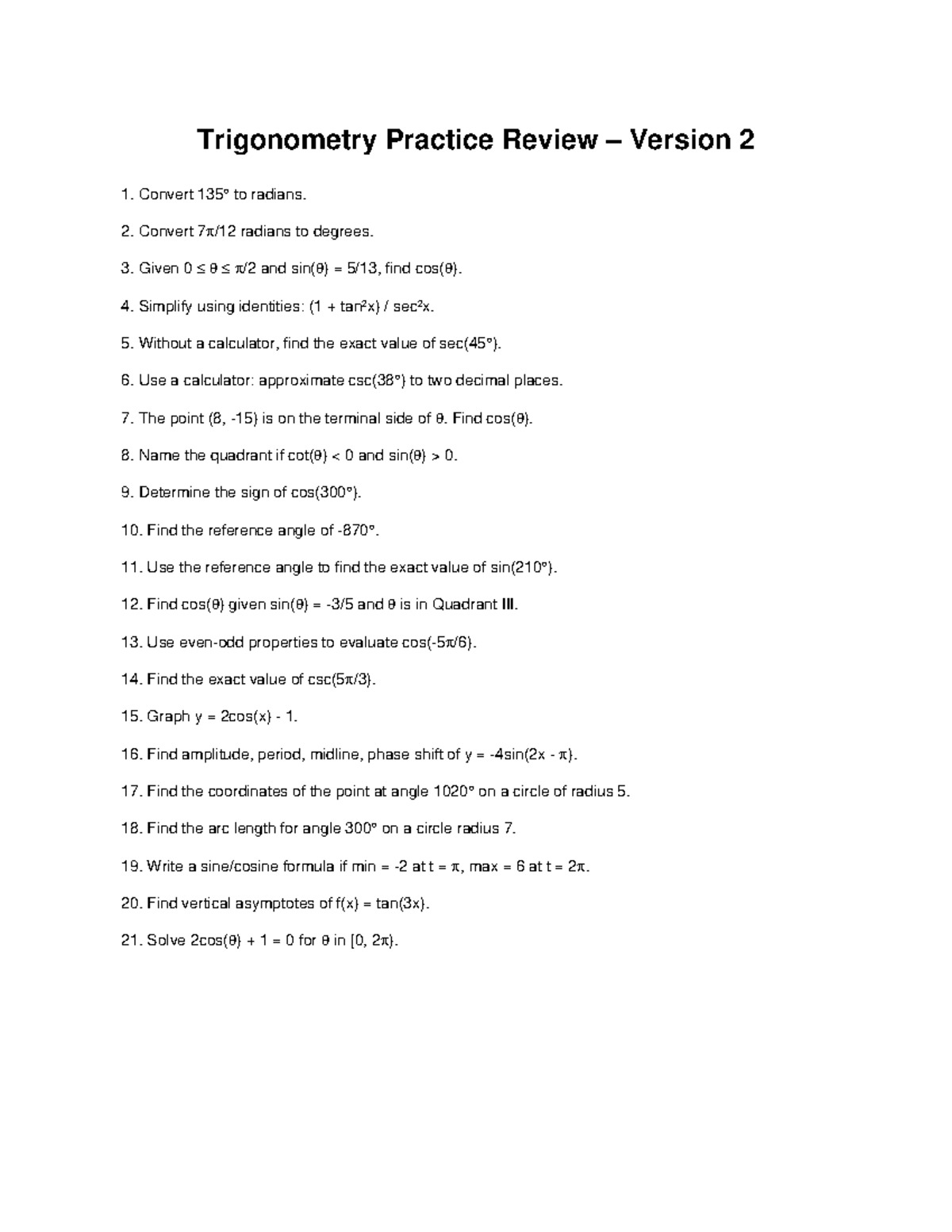 Trig Practice Review: Key Questions & Concepts - Studocu