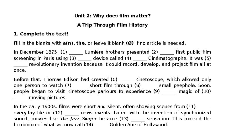 Unit 2: Why Does Film Matter? A Journey Through Film History - Studocu