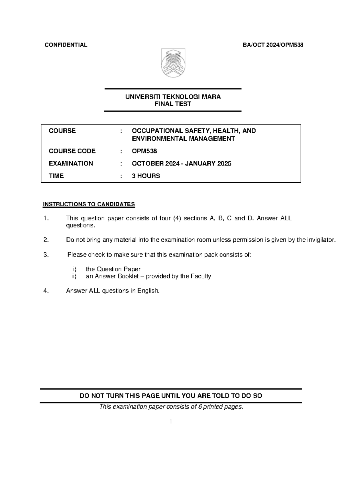 OPM538 Final Test: Occupational Safety, Health & Environmental ...