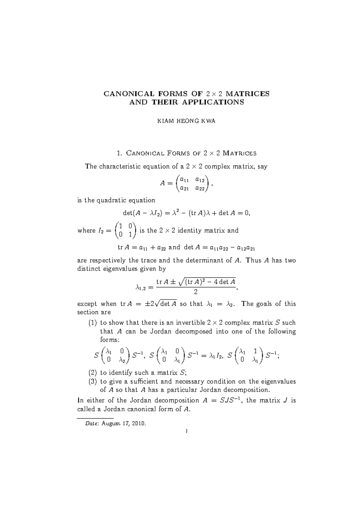 Canonical forms of 2x2 matrices and their applications - CANONICAL ...