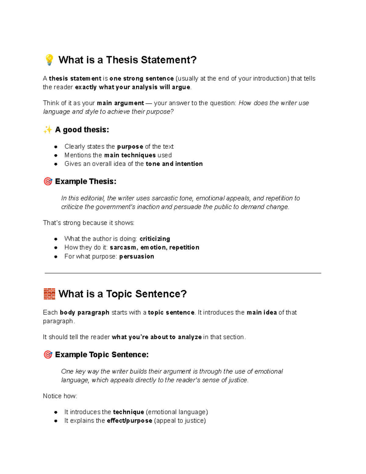 Paper 1: Understanding Thesis and Topic Sentences in Analysis - Studocu